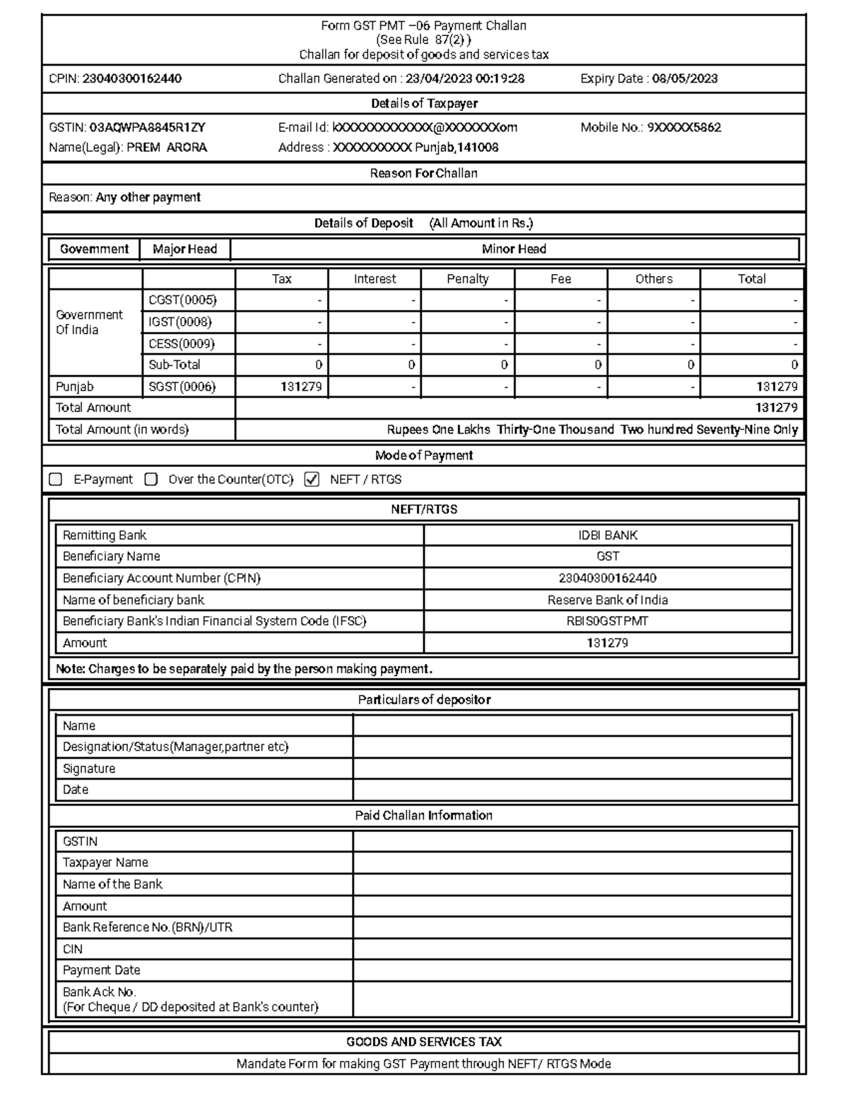 GST- Challan (46) - material - Form GST PMT –06 Payment Challan (See ...