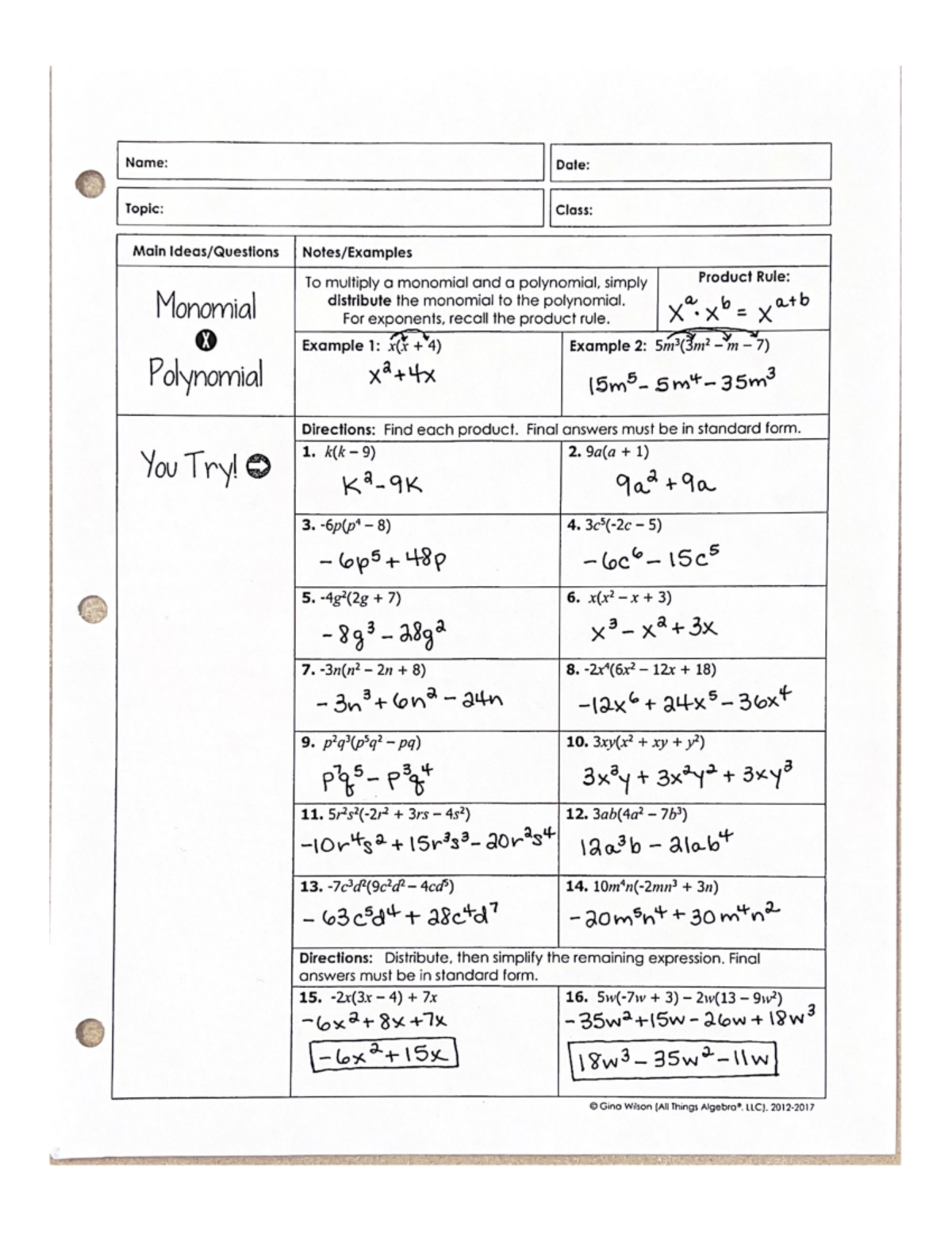 Algebra 1- Monomial X Ponomial - Studocu