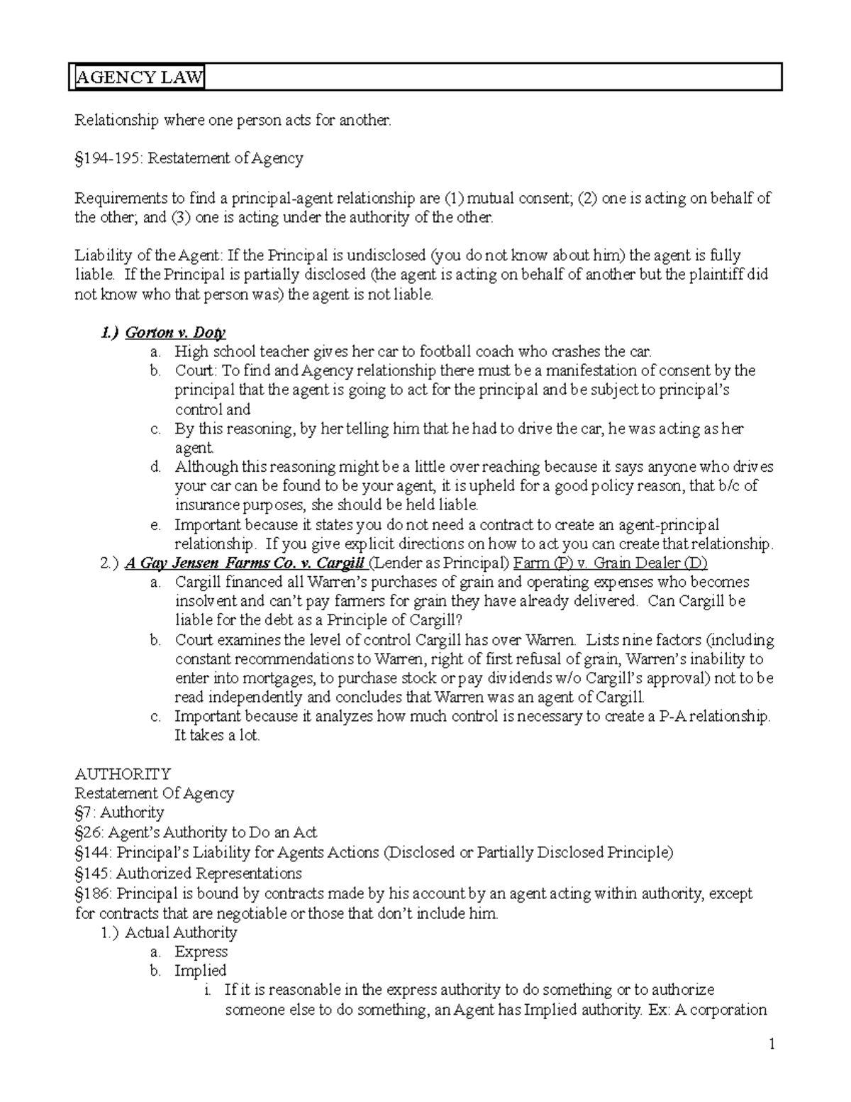 Outline Agency - AGENCY LAW Relationship where one person acts for ...