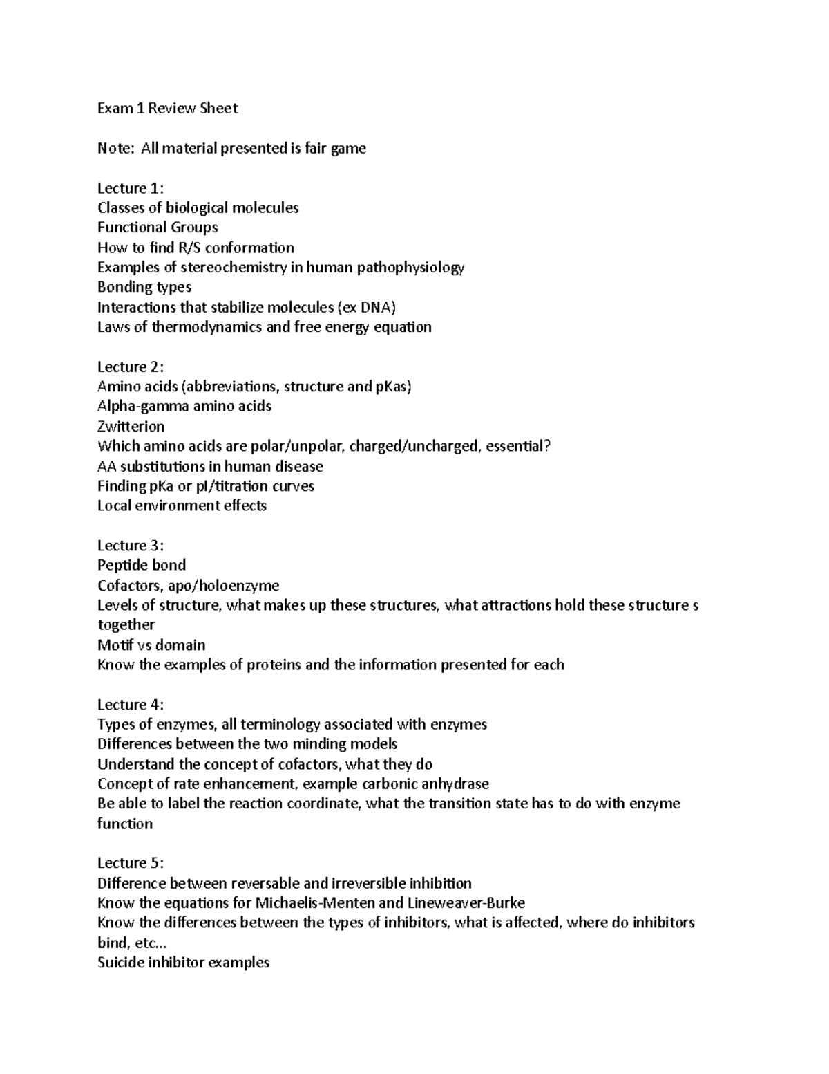 Exam 1 Review Sheet - Exam 1 Review Sheet Note: All material presented ...