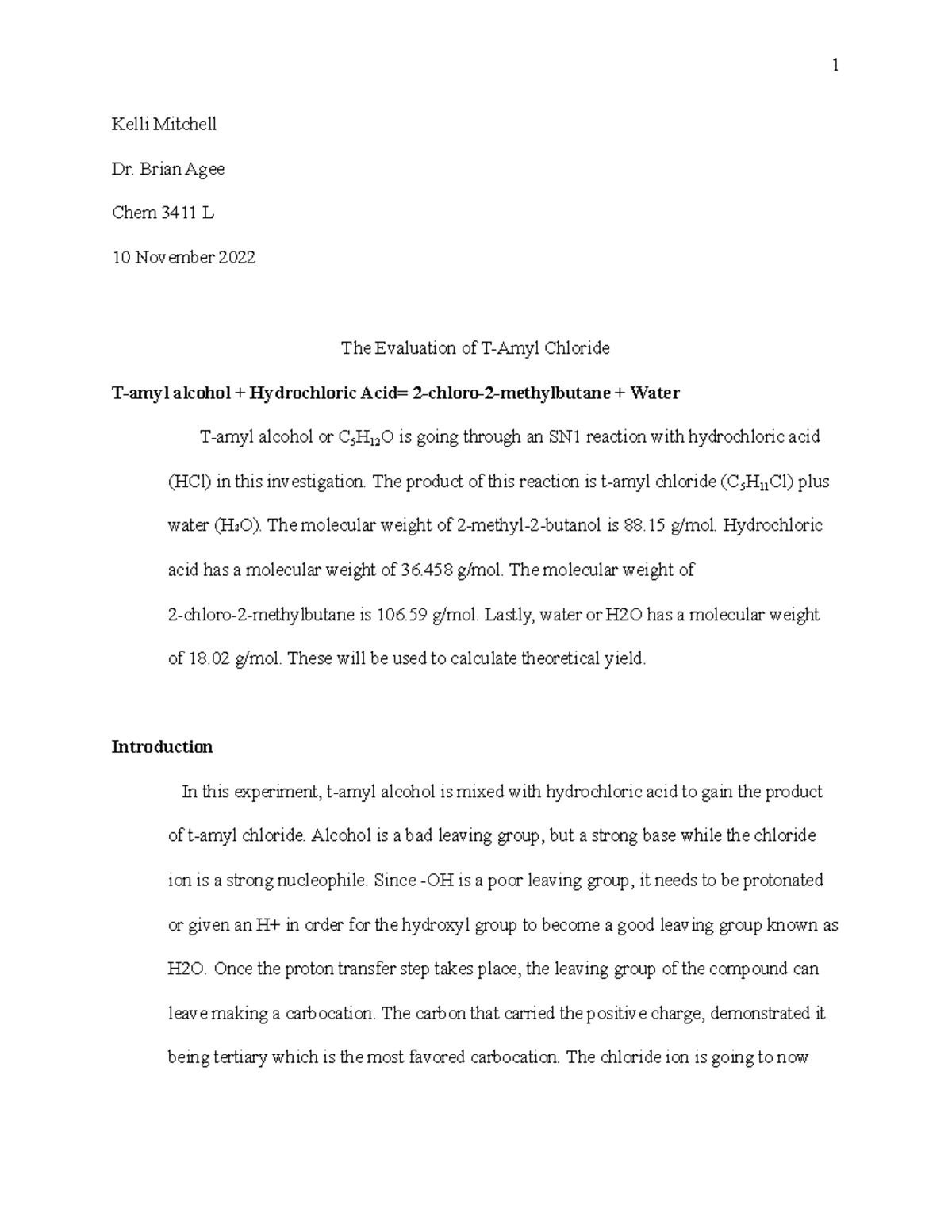T-AMYL Chloride - This is a lab report of the synthesis of T-amyl ...