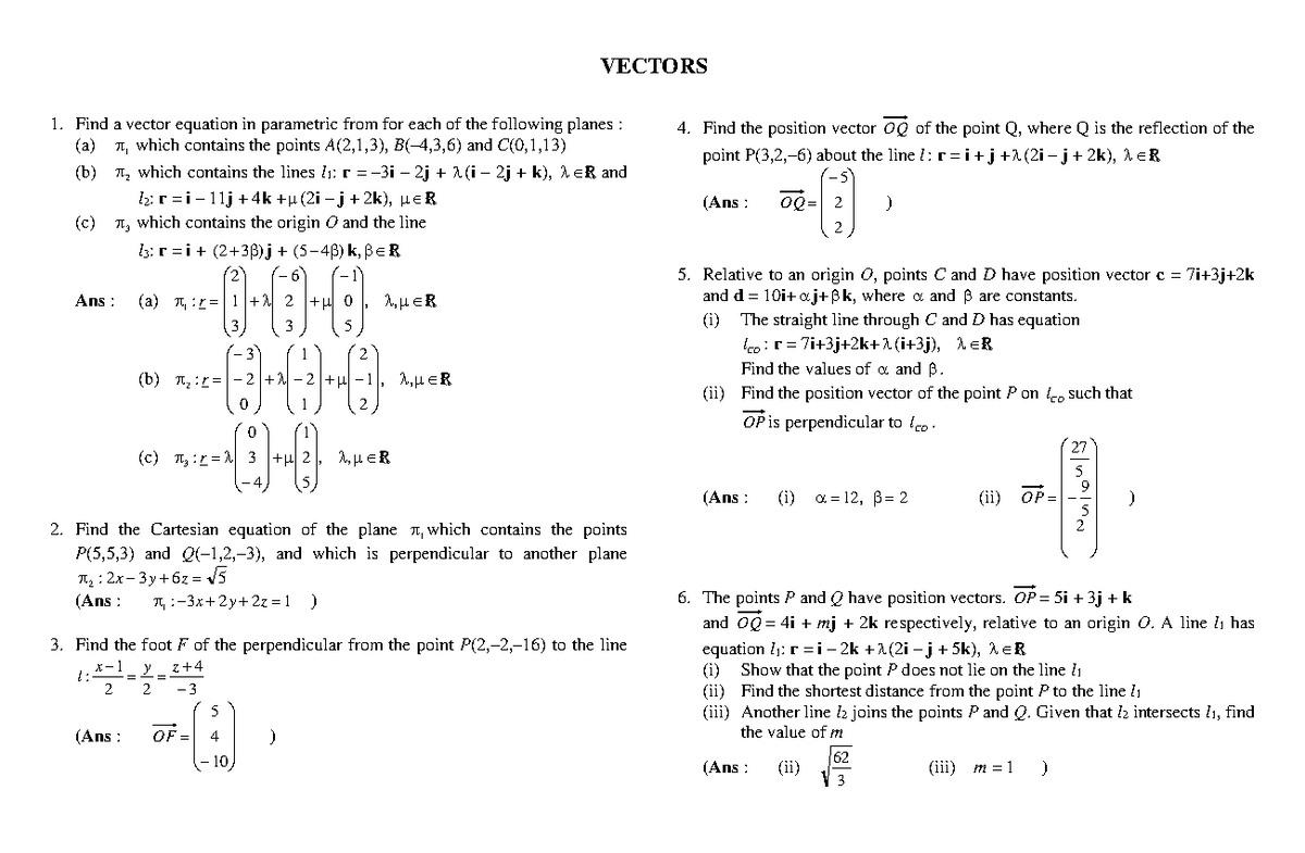 Exercise Vectors A Level Find A Vector Equation In Parametric From For Each Of The Following