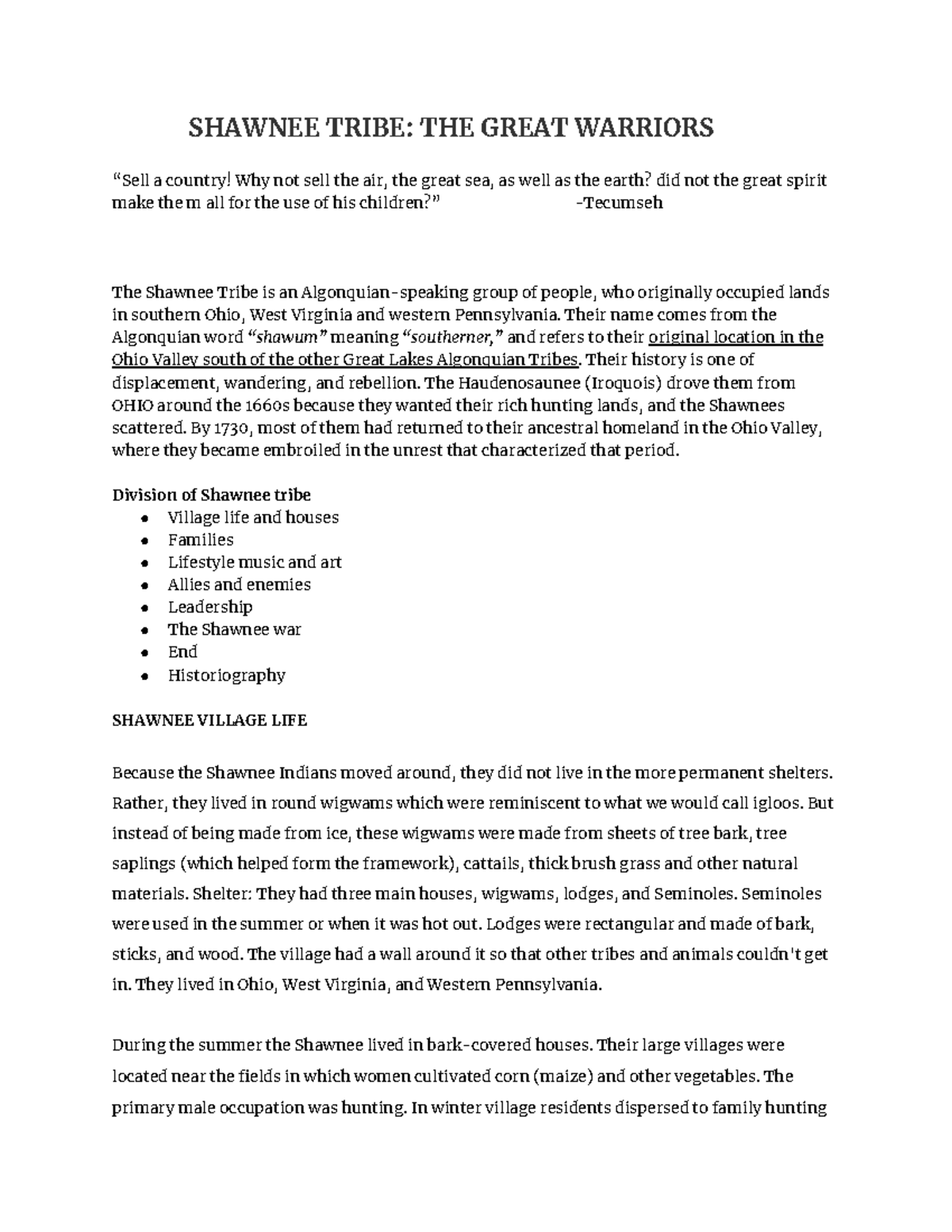 THE Shawnees - a report on the shawnee tribes - SHAWNEE TRIBE: THE ...