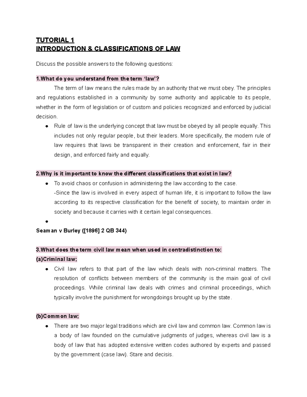 Intro (TUTO Legal Method) - TUTORIAL 1 INTRODUCTION & CLASSIFICATIONS ...