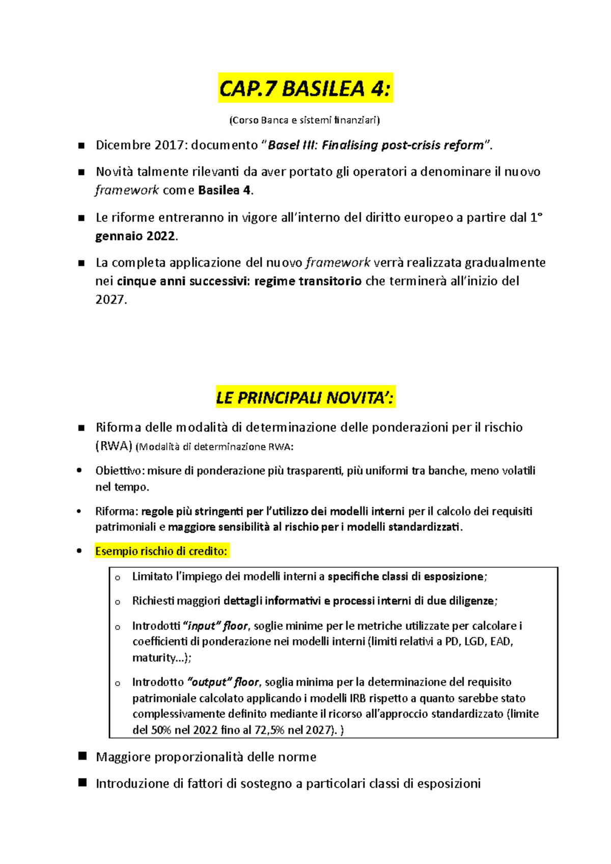 Cap. 7- Basilea 4 le principali novità e riforme - CAP BASILEA 4 ...