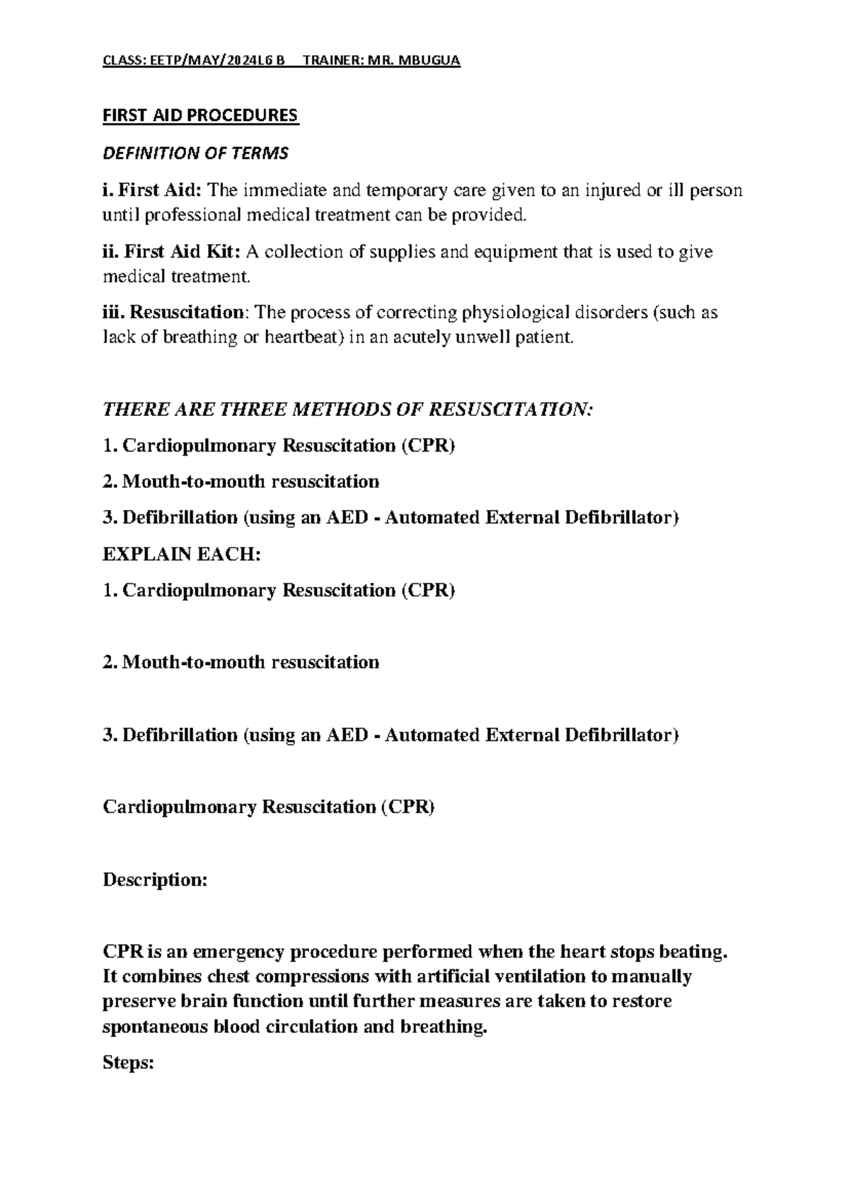 WORKSHOP TECHNOLOGY NOTES - FIRST AID PROCEDURES DEFINITION OF TERMS i ...