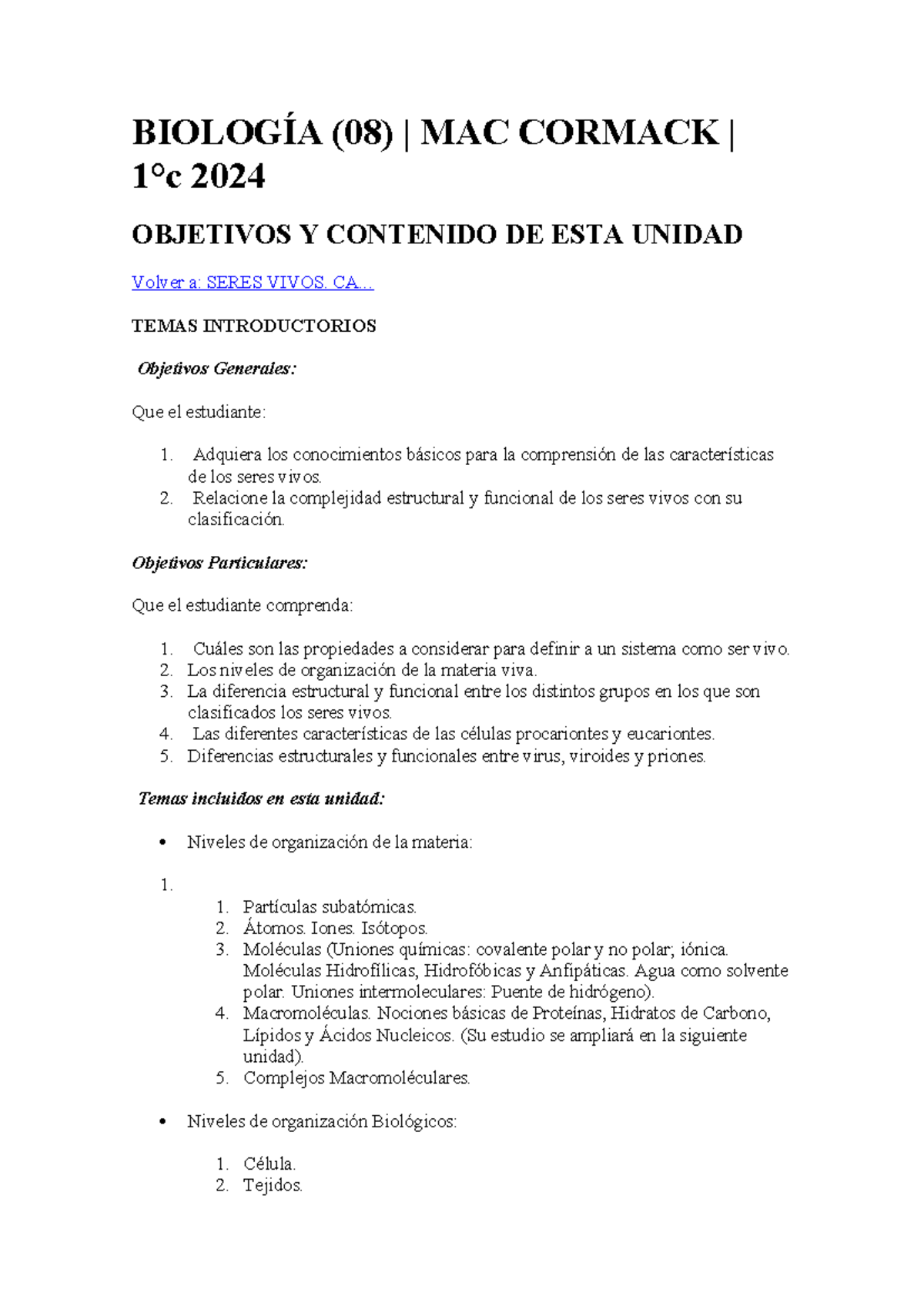Biología 08 Contenido Unidad 1 - BIOLOGÍA (08) | MAC CORMACK | 1°c 2024 ...