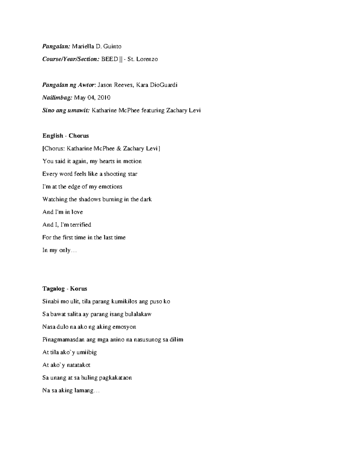 Pagsasalin sa wikang tagalog - Dalumatfil - Pangalan: Mariella D ...