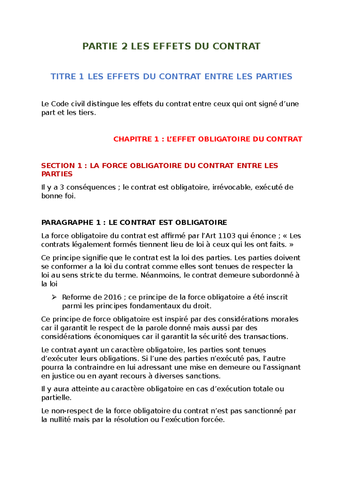 S3 - Titre 1 Les Effets du Contrat entre les parties - PARTIE 2 LES ...
