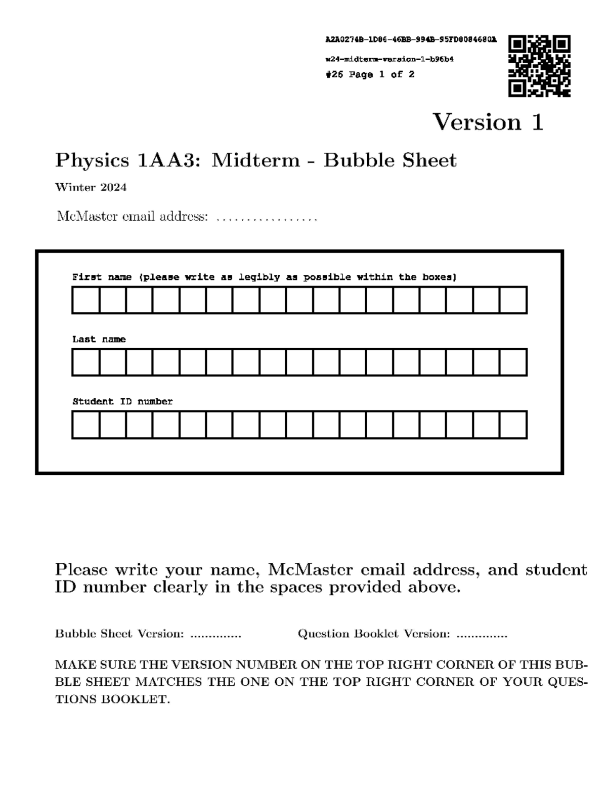 Sample answer sheet 1AA3-midterm - PHYSICS 1AA3 - Studocu