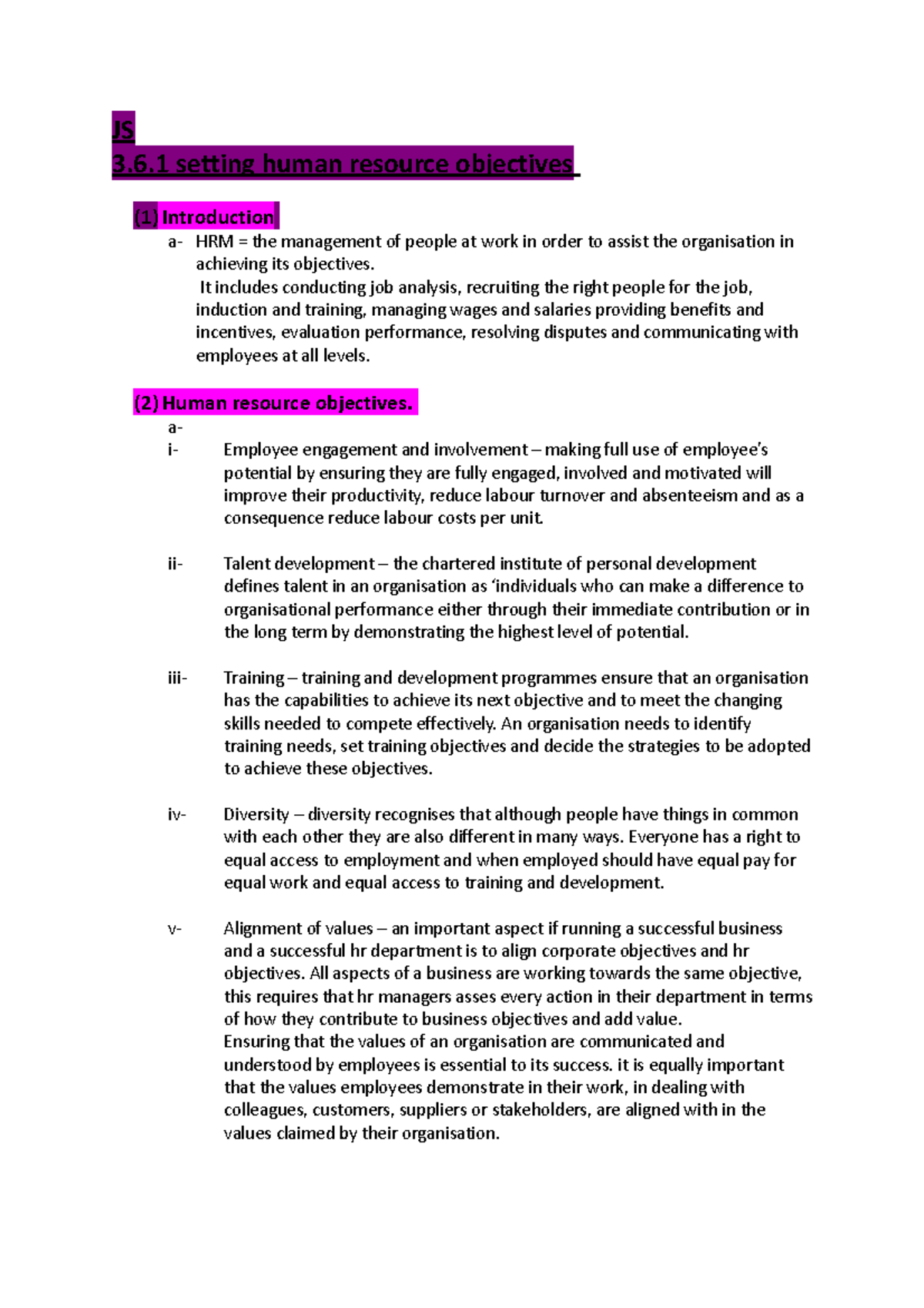 3.6.1 notes - JS 3.6 setting human resource objectives (1) Introduction ...