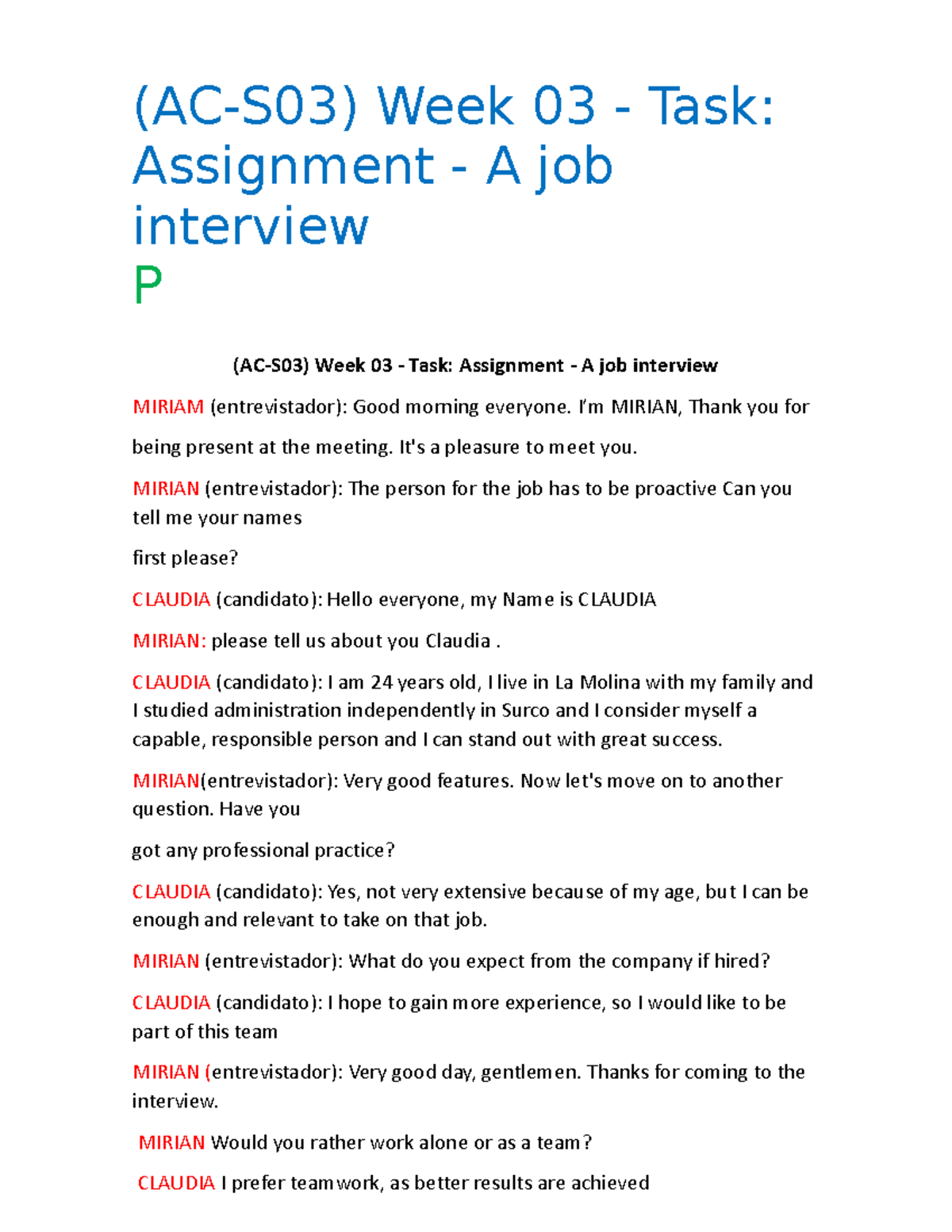 Ingles 4 semana 3 - Week 03 - Task: Assignment - A job interview - (AC-S03) Week 03 - Task ...