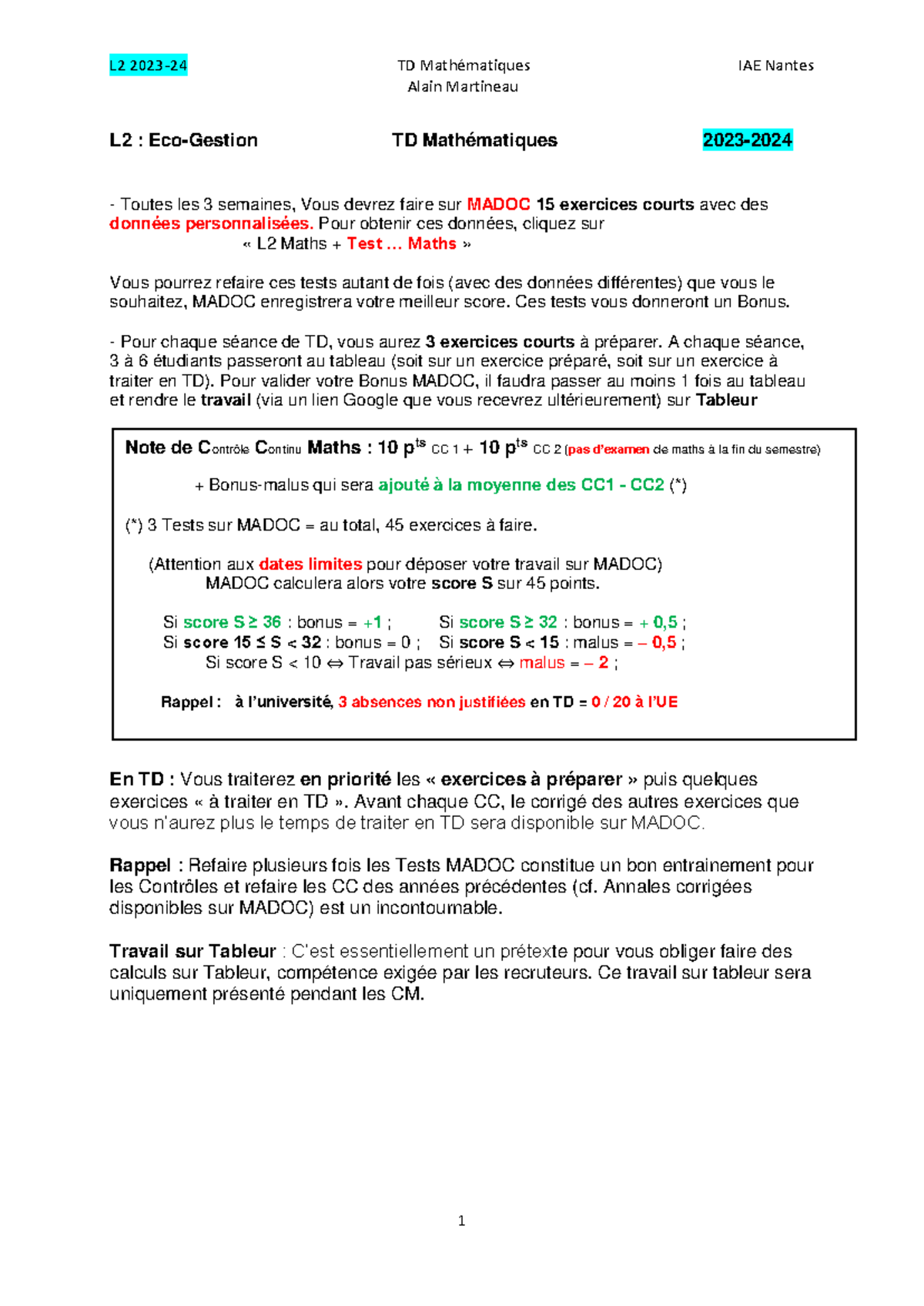 L2 Maths TD 23-24 - TD d'exercices - Alain Martineau L 2 : Eco-Gestion TD Mathématiques 2023 ...