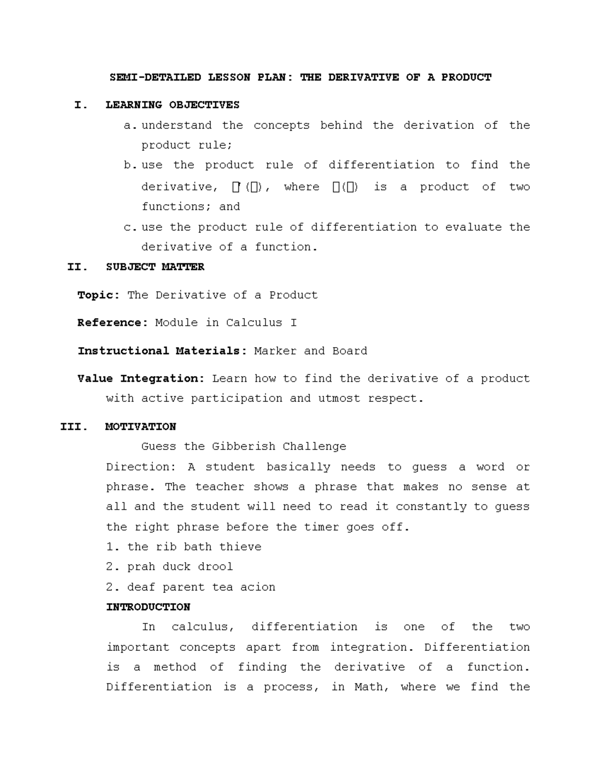 Lesson Plan in Derivative of a Product - SEMI-DETAILED LESSON PLAN: THE ...
