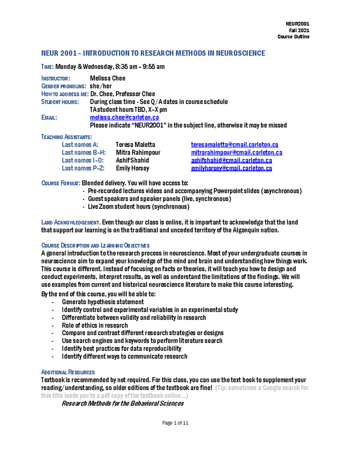 NEUR 2001 Fall 2021 course outline - Fall 2021 Course Outline NEUR 2001 ...