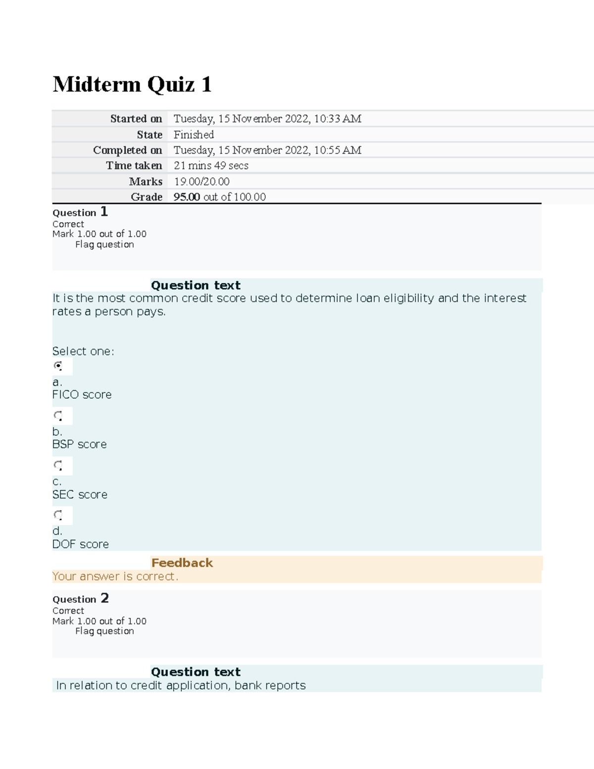 BAFM 6303 Midterm Q - Midterm Quiz 1 Started on Tuesday, 15 November 2022, 10:33 AM State ...