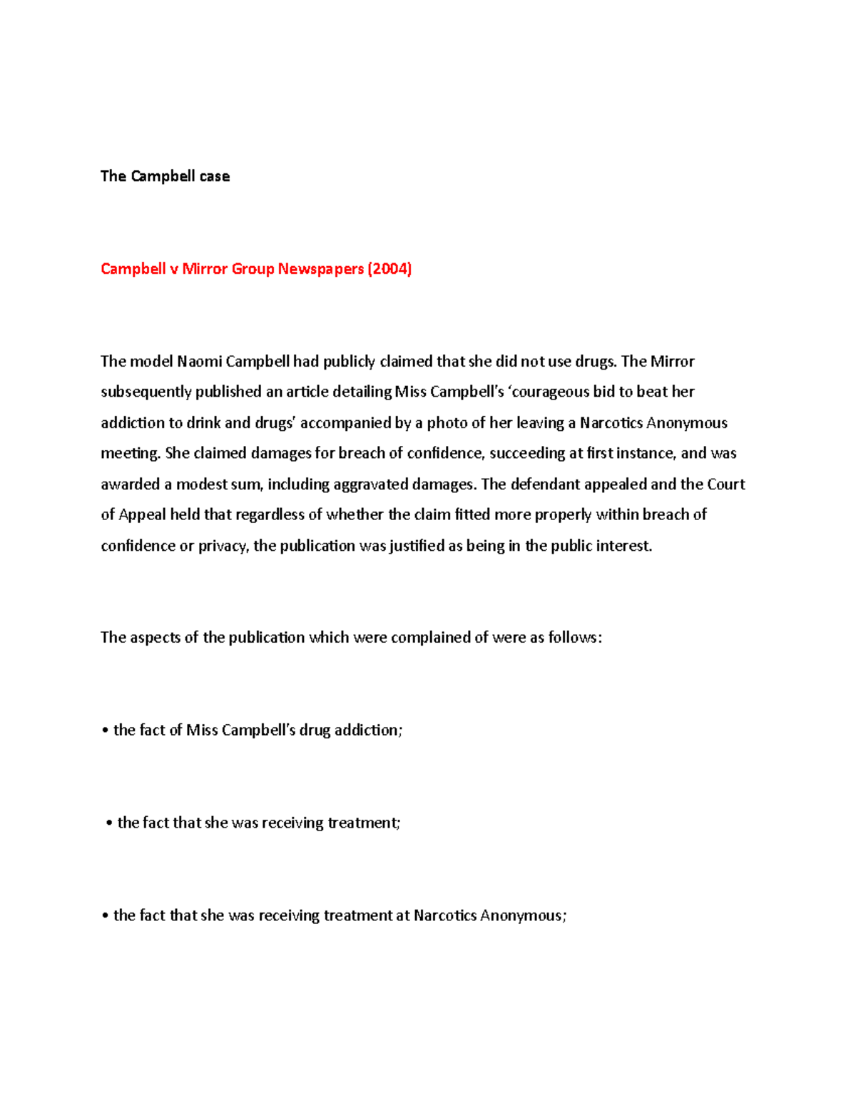 The Campbell case - Tort Law Directions - The Campbell case Campbell v ...