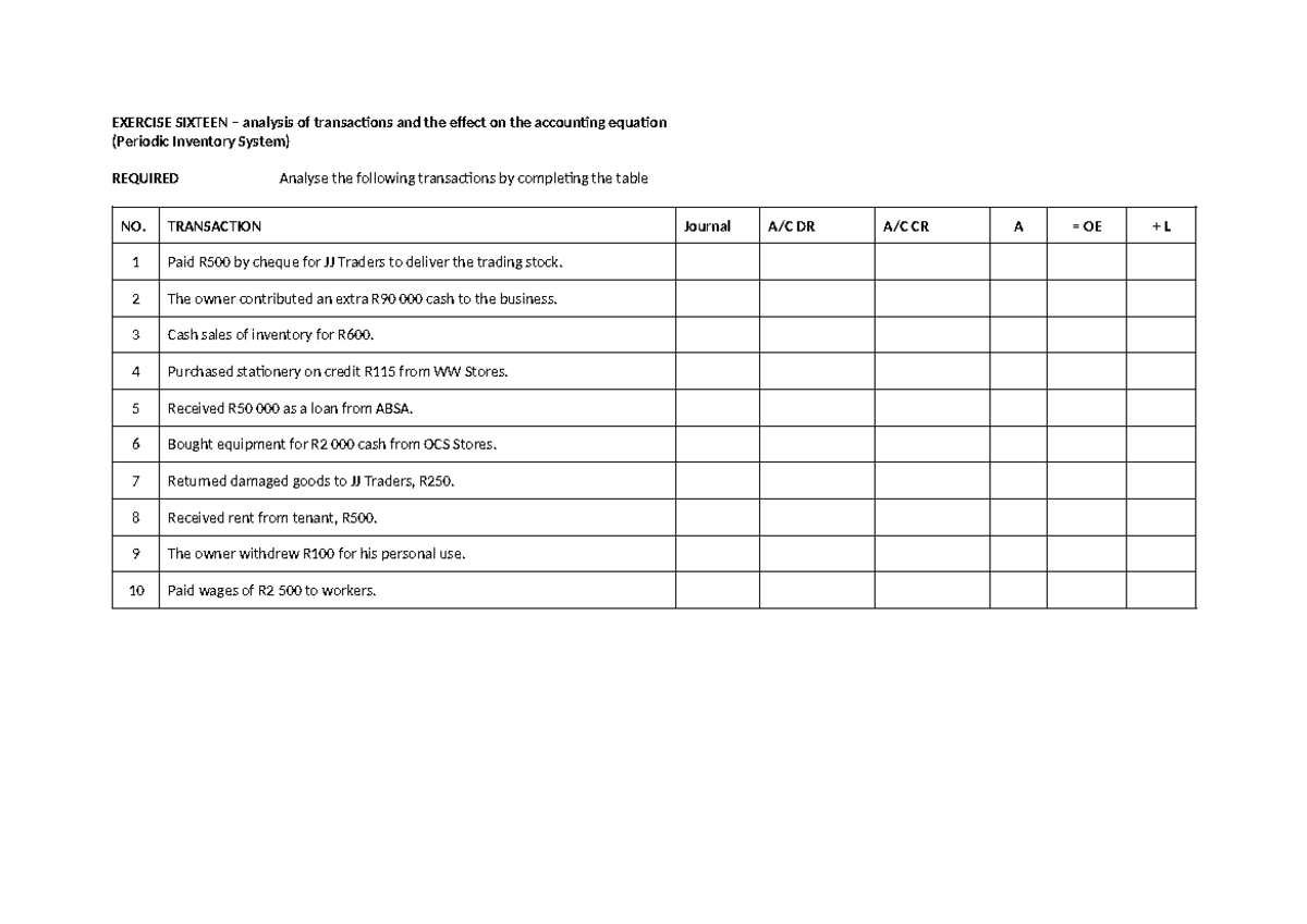 Exercise Sixteen Periodic Inventory System A=OE+L - EXERCISE SIXTEEN ...
