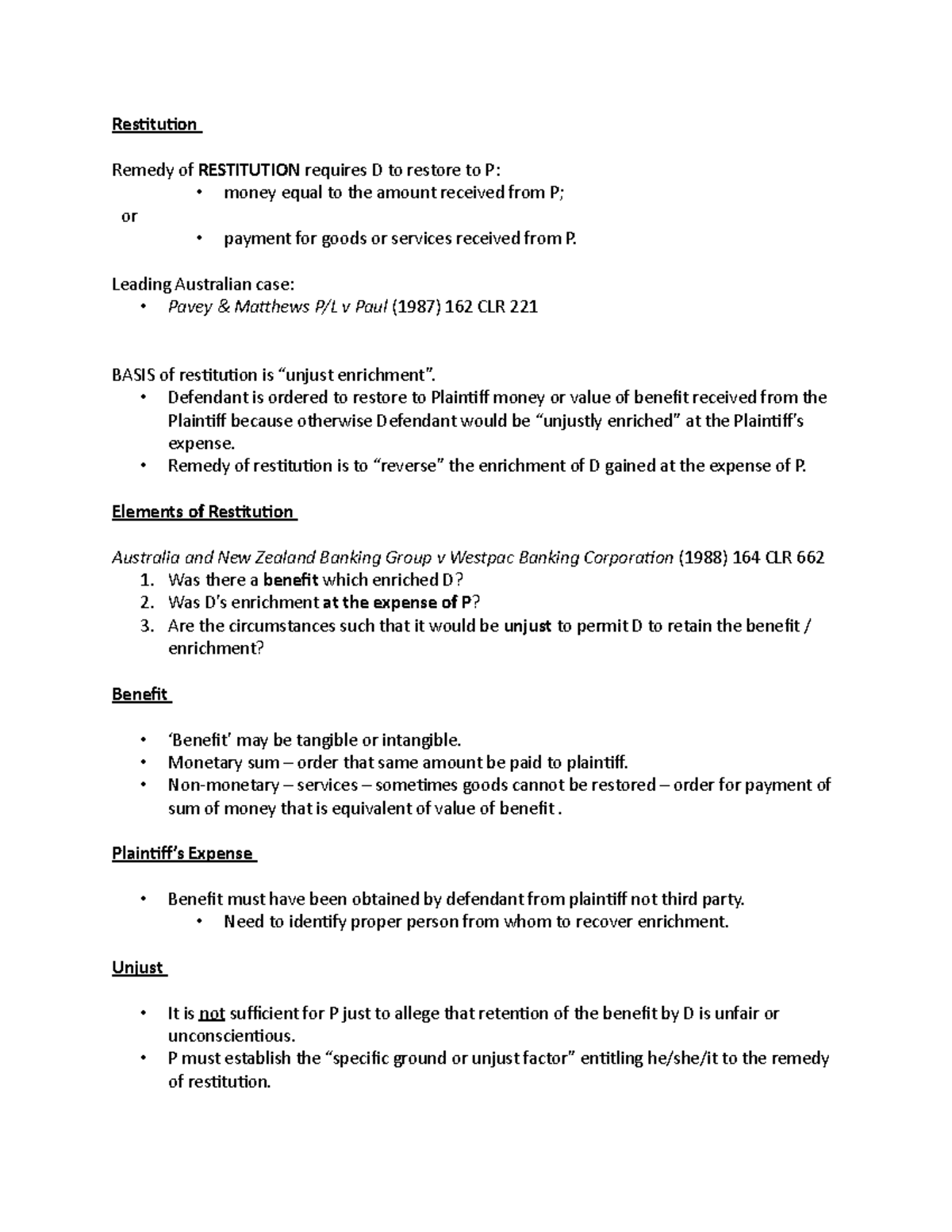 Week 11 Class Notes - Restitution Remedy of RESTITUTION requires D to ...