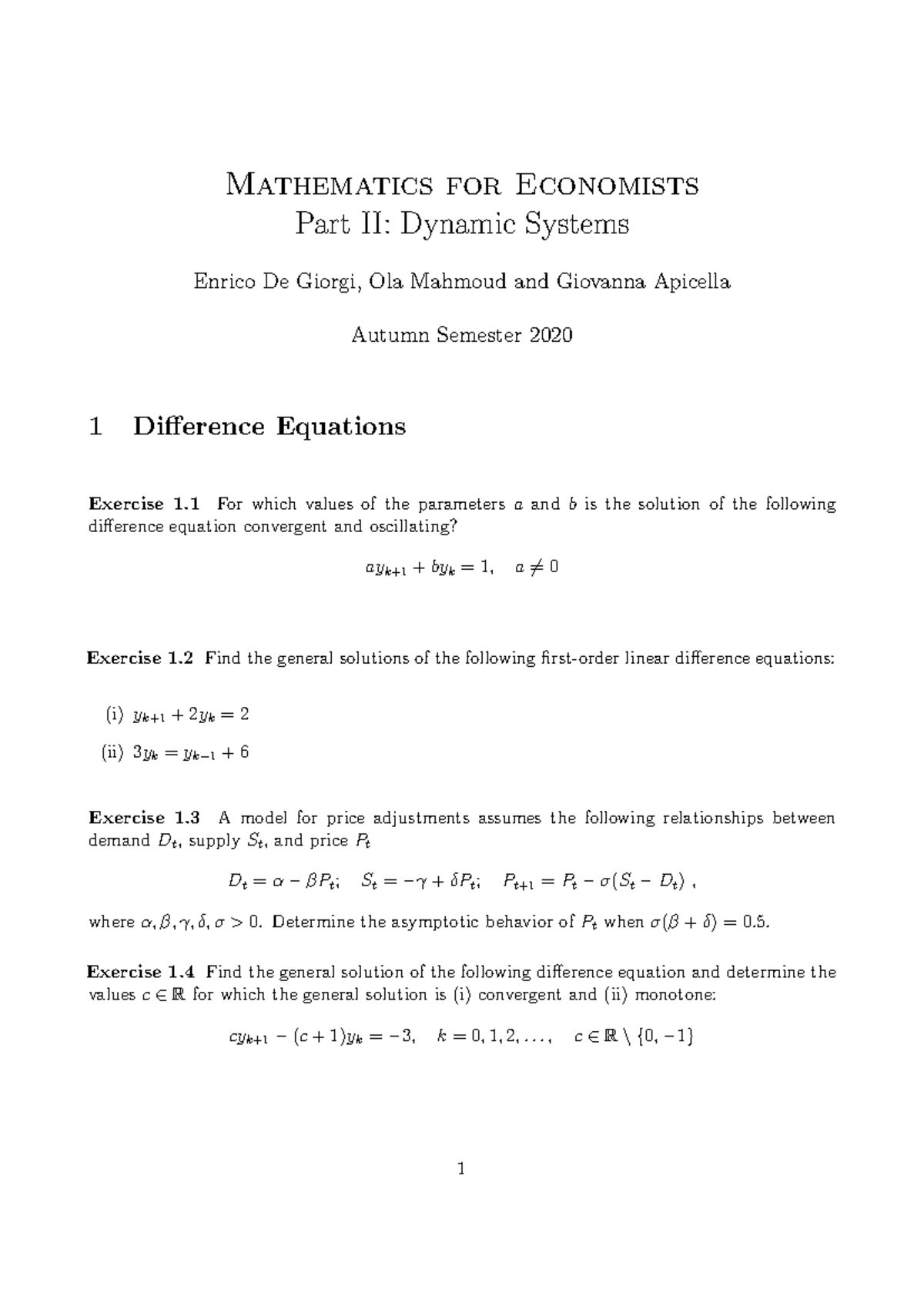 Math Econ Exercises Differenceequations Mathematics For Economists Part Ii Dynamic Systems