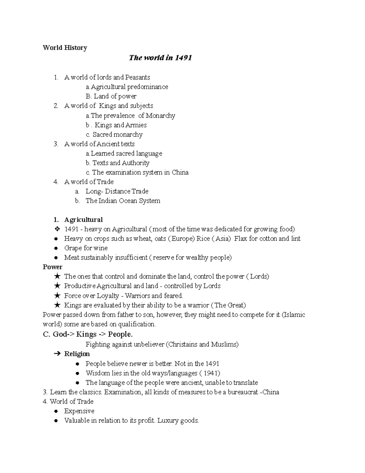 Hist 1011- Class Notes - World History The world in 1491 A world of ...