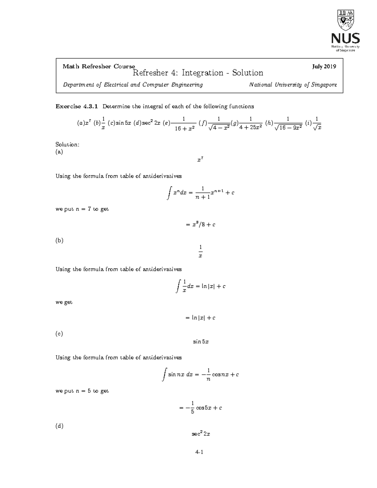 Lecture 4 Integration solution - Math Refresher Course Refresher 4 ...