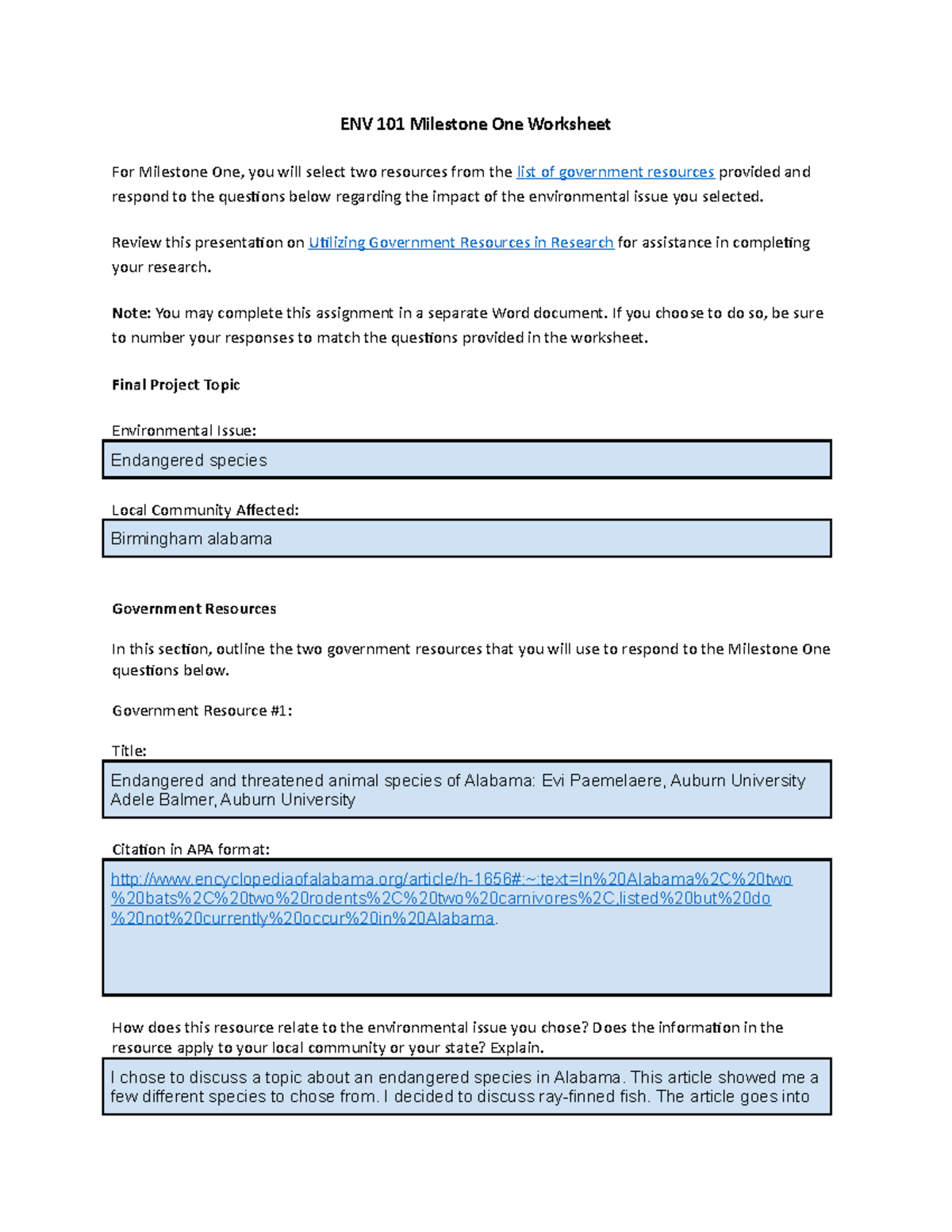 3.2 environmental science - ENV 101 Milestone One Worksheet For ...