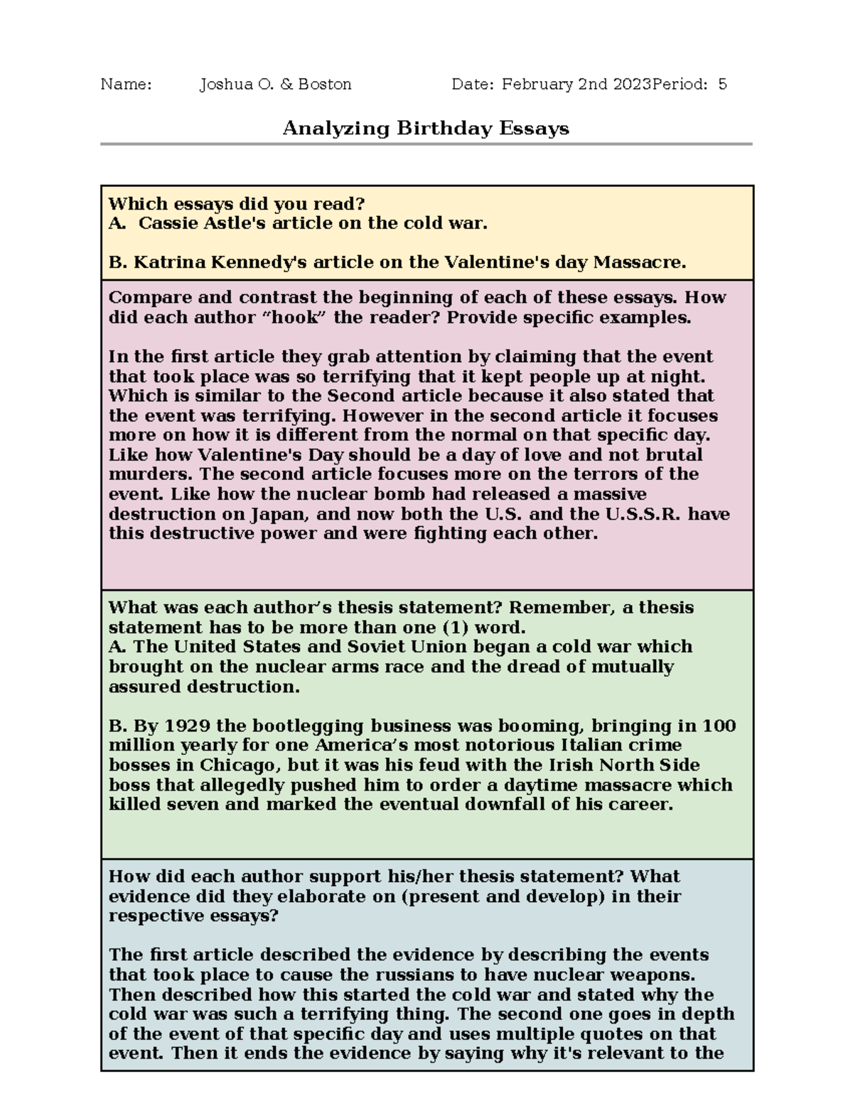 Analyzing Birthday Essays Partner Activity - Name: Joshua O. & Boston ...