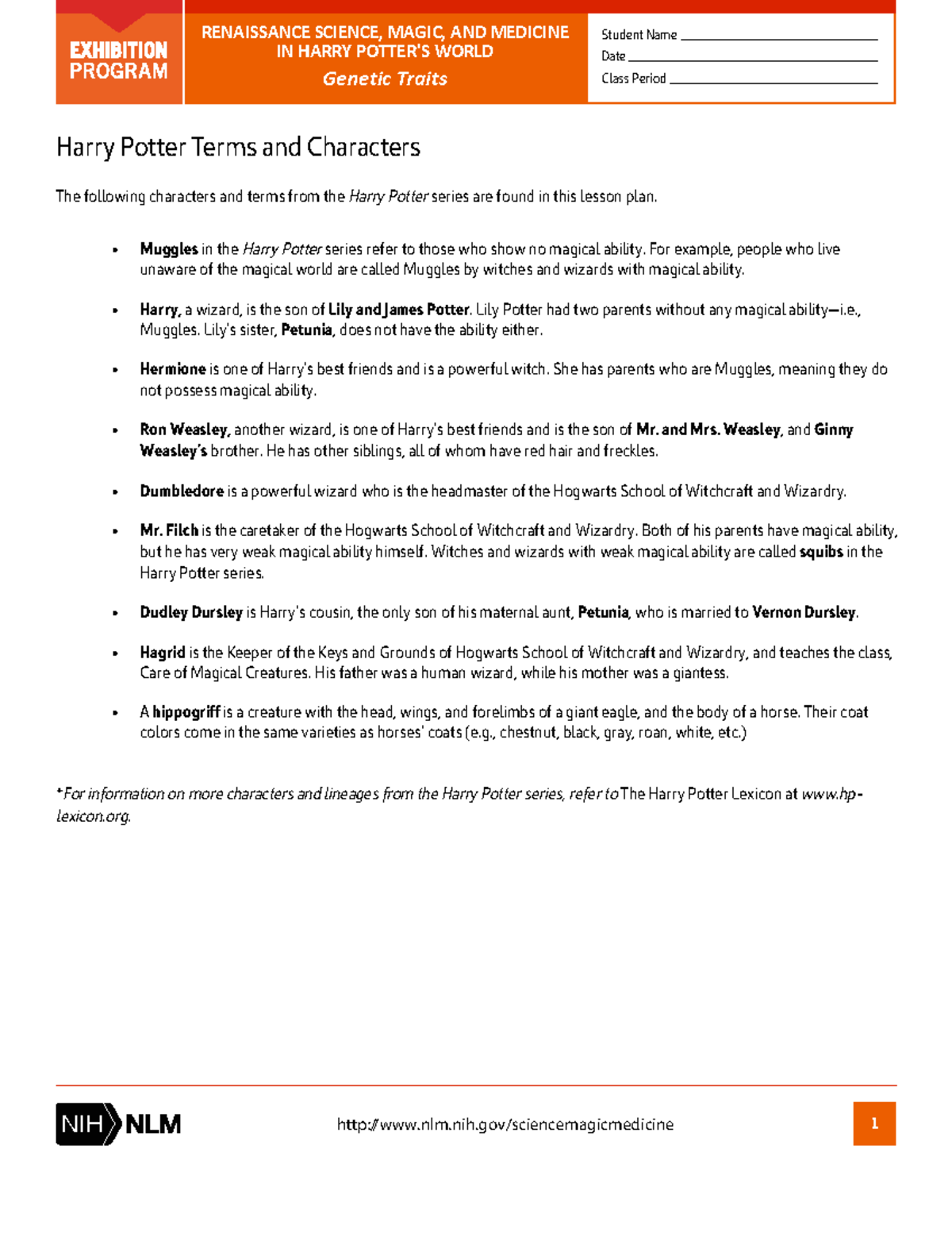 LP Harry Potter Terms Characters - D}NLM Student Name Date Class Period ...