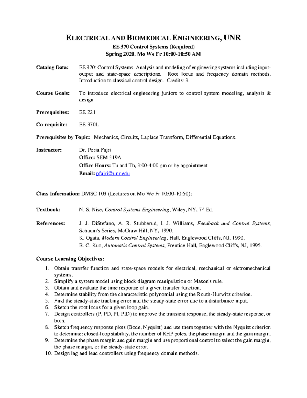 EE370 Syllabus - ELECTRICAL AND BIOMEDICAL ENGINEERING, UNR EE 370 ...