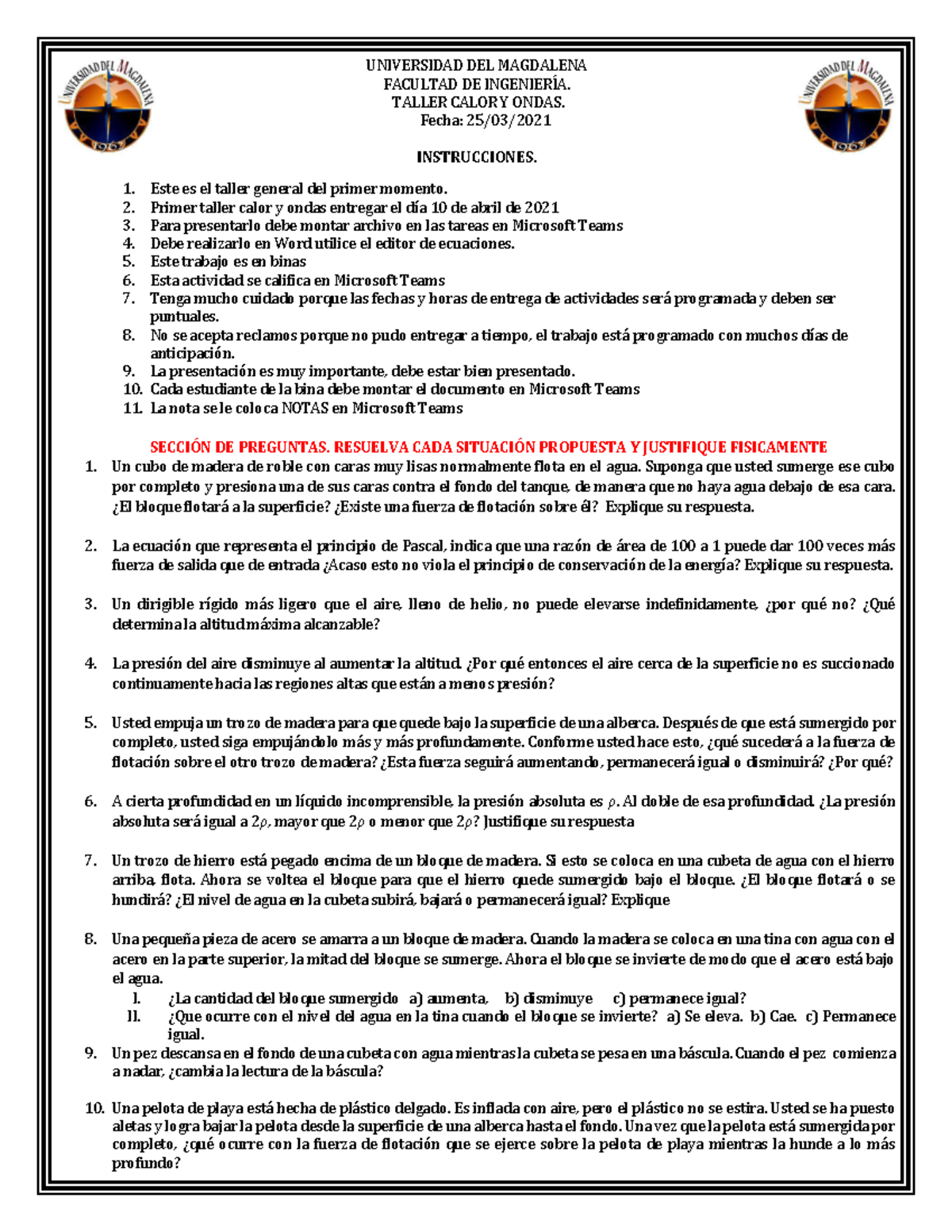 Taller Primer Momento Calor Y Ondas 2021 I - UNIVERSIDAD DEL MAGDALENA FACULTAD DE INGENIERÍA ...