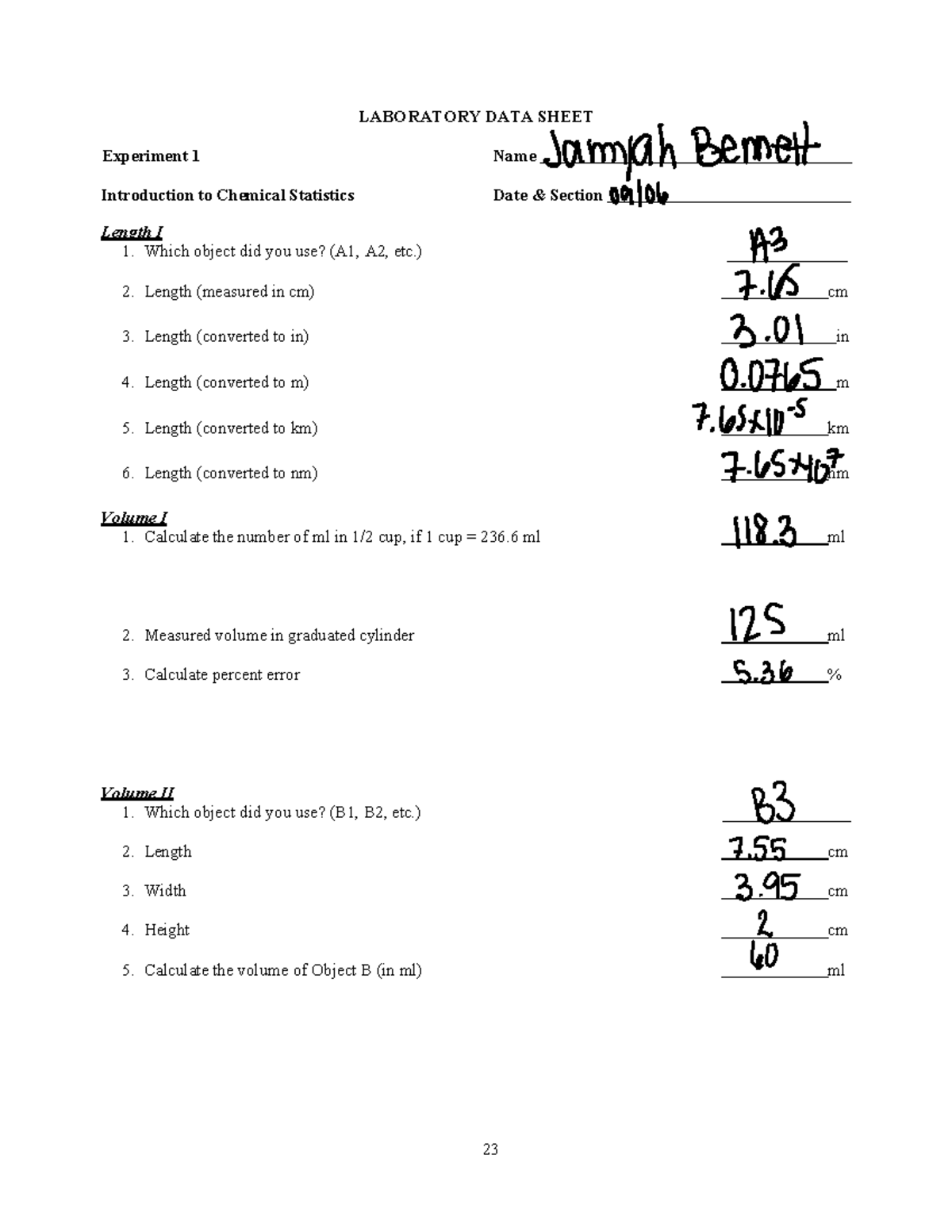 CHEM 1111 Data Sheets Only - Experiment 1 Name Introduction to Chemical Statistics Date & - Studocu