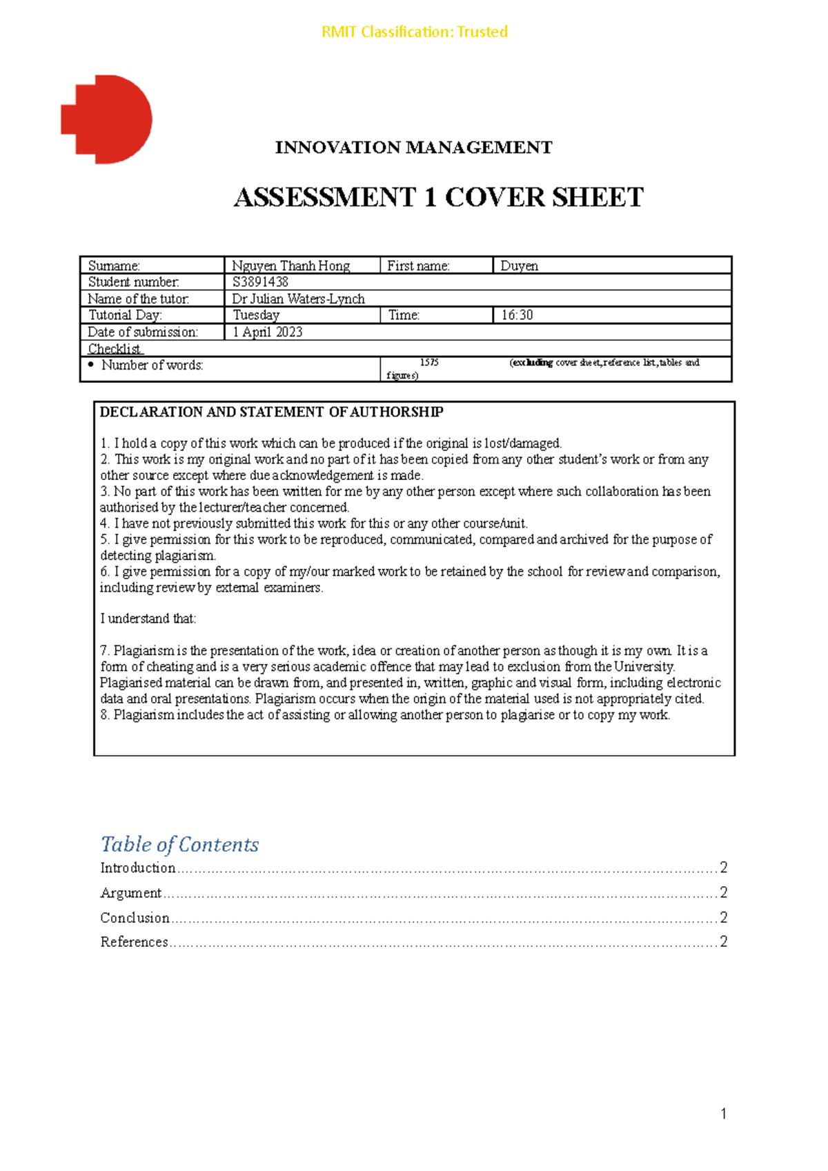 Innovation Management Asm1 - INNOVATION MANAGEMENT ASSESSMENT 1 COVER ...