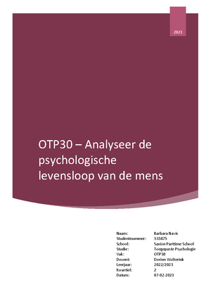 Beroepsproduct OTP30 - Analyseer de psychologische levensloop van de ...