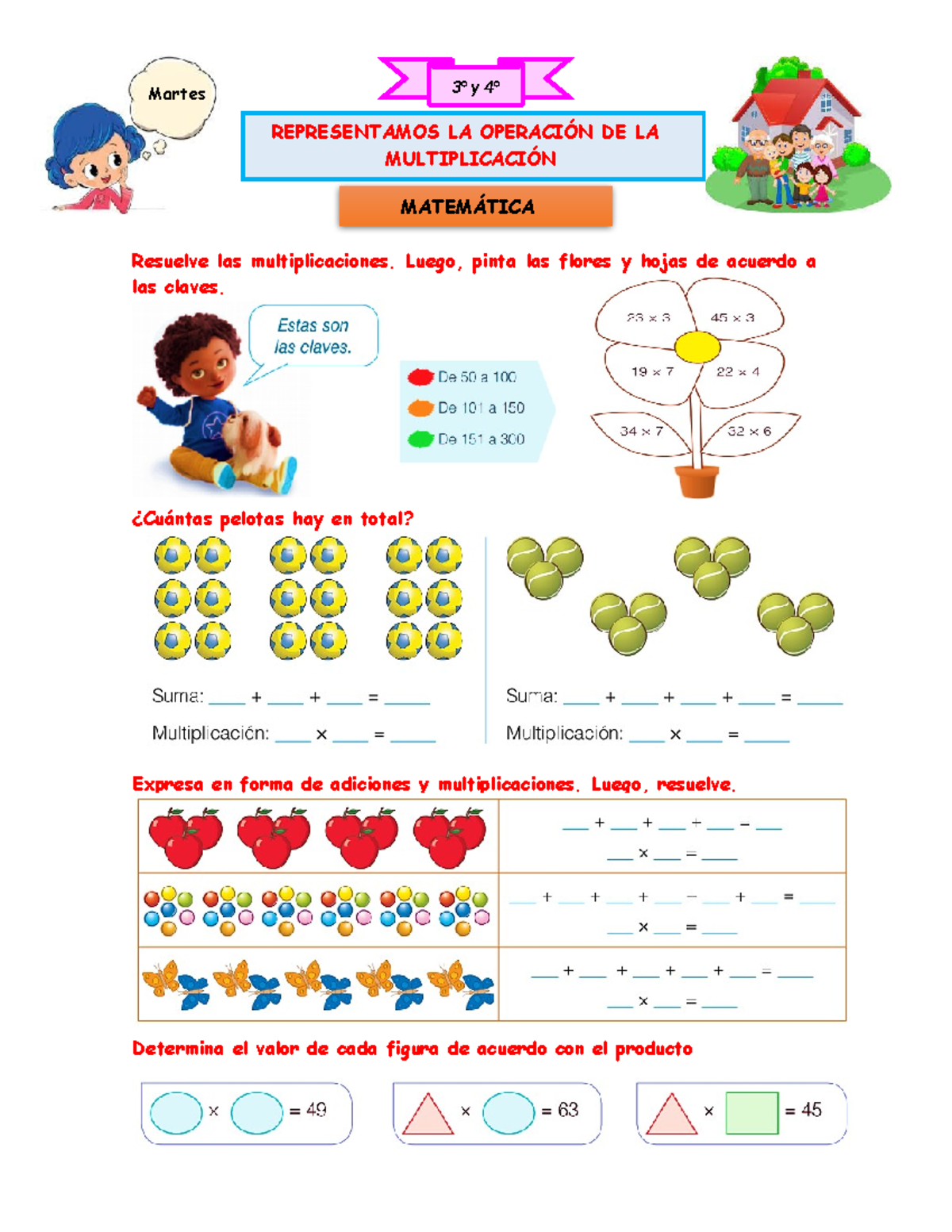 3° y 4° martes 30 ficha 3 - Resuelve las multiplicaciones. Luego, pinta ...