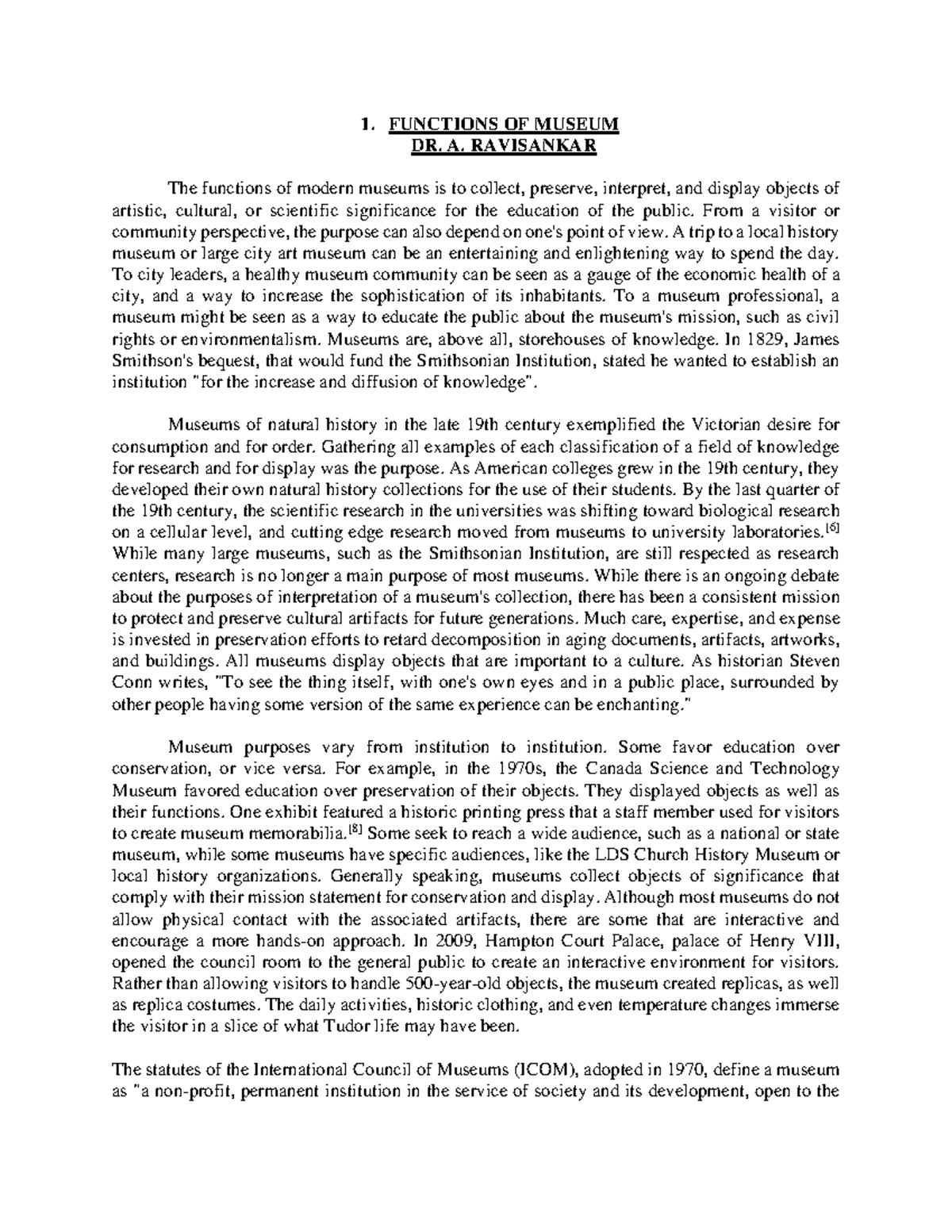 18MHI15E-U3 - NOTES - 1. FUNCTIONS OF MUSEUM DR. A. RAVISANKAR The ...