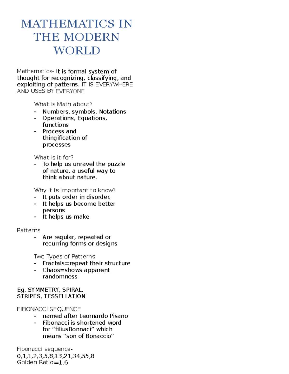 Mathematics in the modern world reviewer for first semester. Golden ...