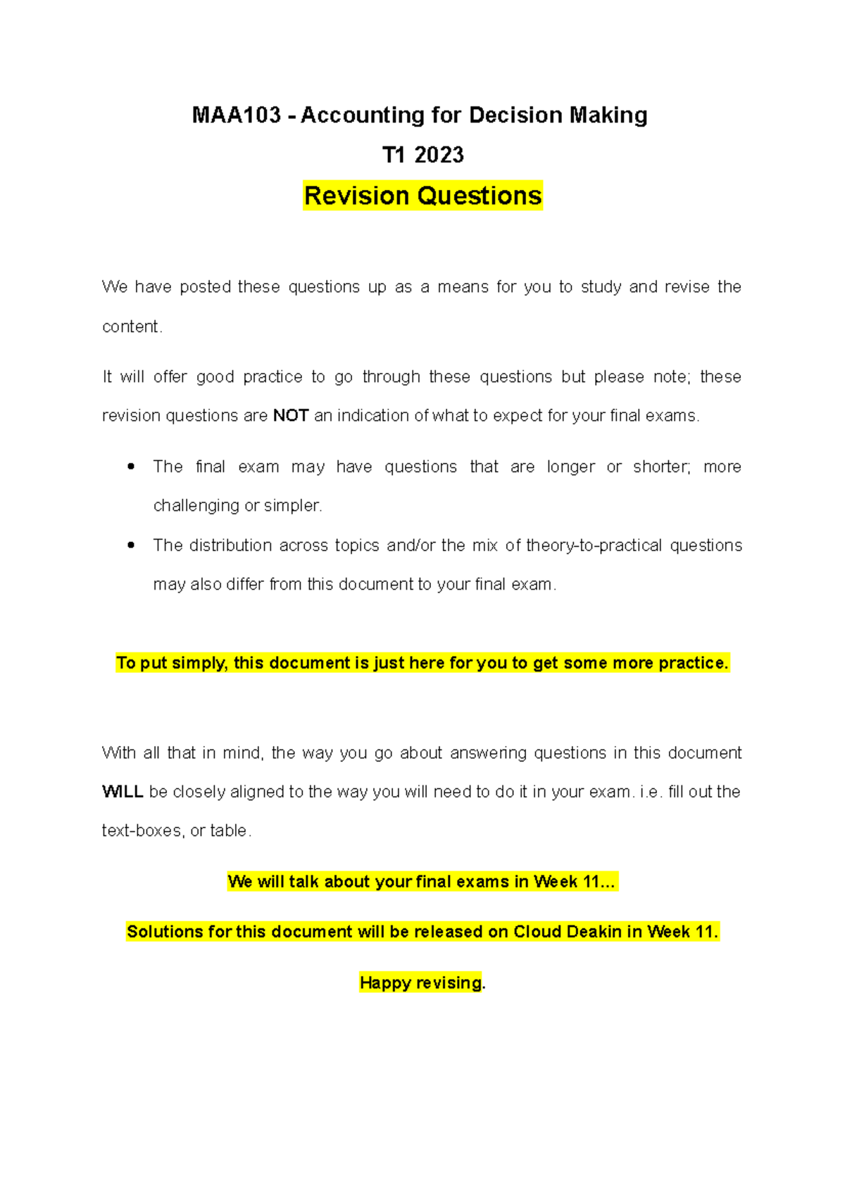 MAA103 T1 2023 Revision Questions - MAA103 - Accounting for Decision ...