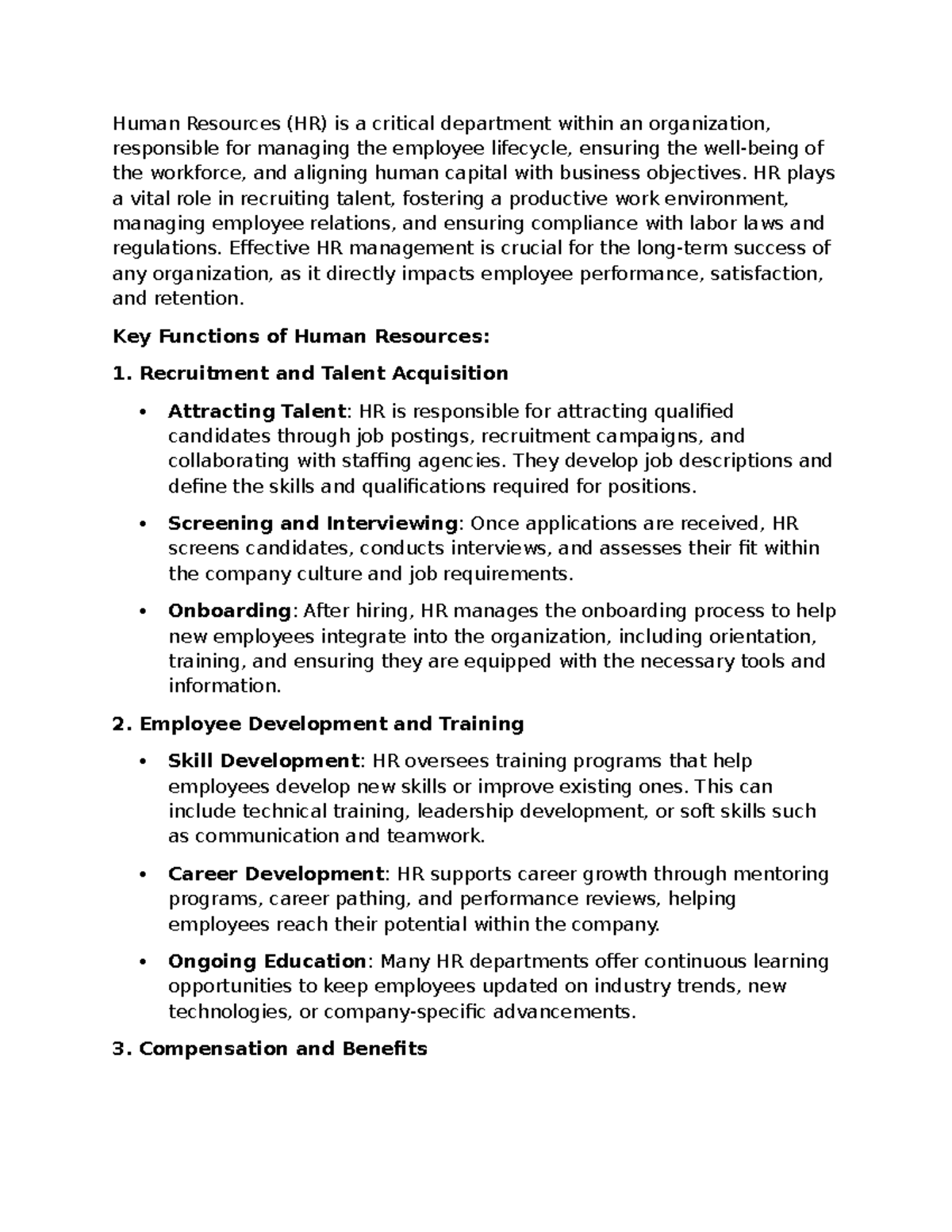Human Resources - Brief Lecture notes. - Human Resources (HR) is a ...