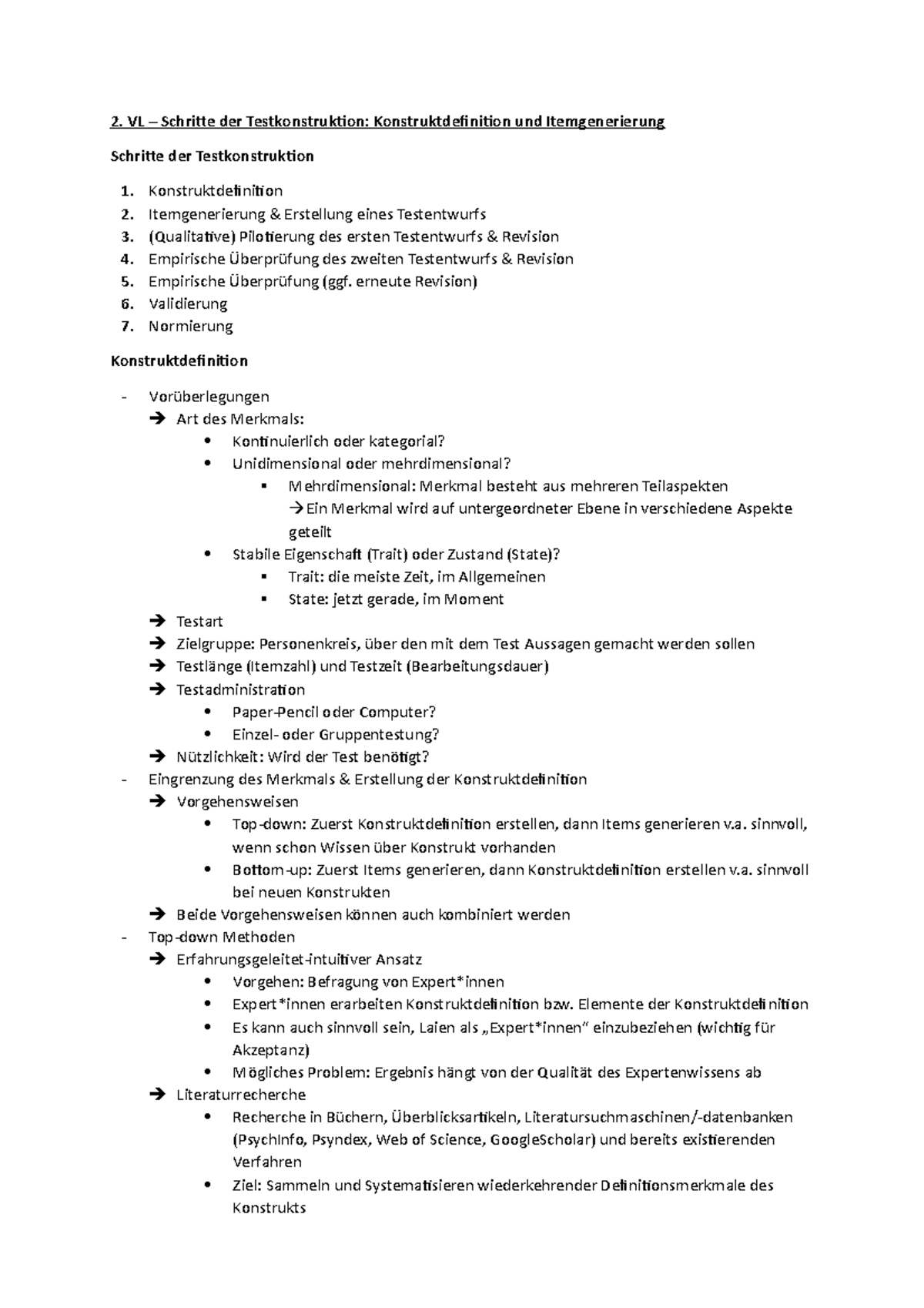 Schritte der Testkonstruktion (Konstruktdefinition + Itemgenerierung ...