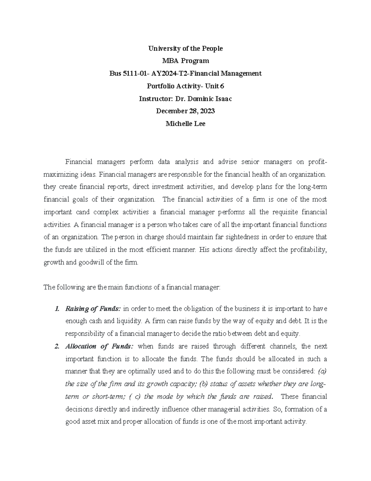 Portfolio activit unit 6 - University of the People MBA Program Bus ...