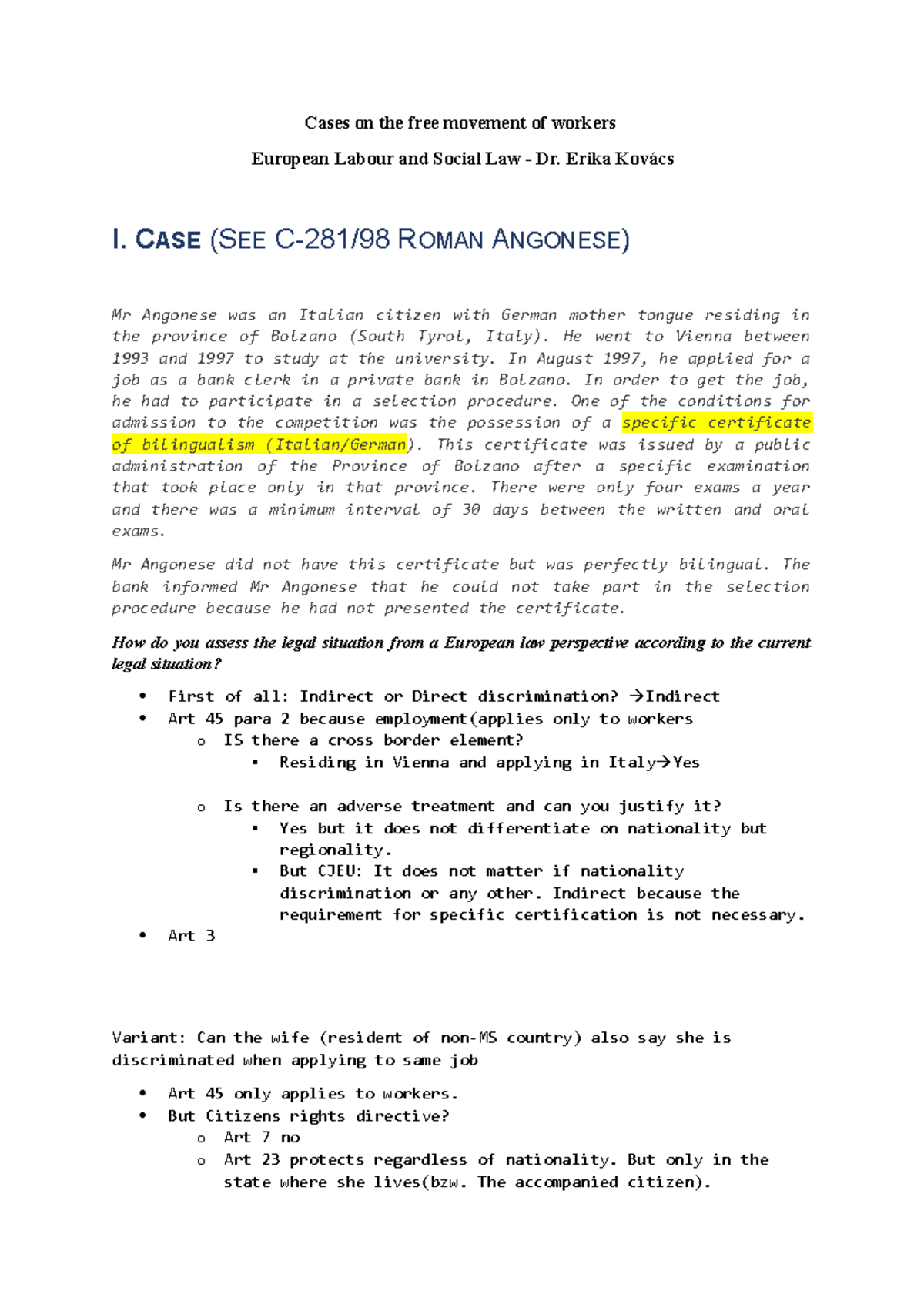 Cases on the free movement of workers class 1 - Cases on the free ...