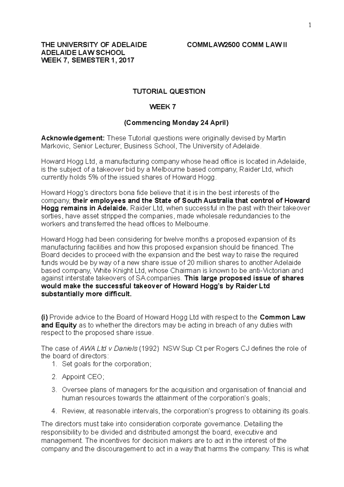 Week 7 Tutorial Question - THE UNIVERSITY OF ADELAIDE COMMLAW2500 COMM ...