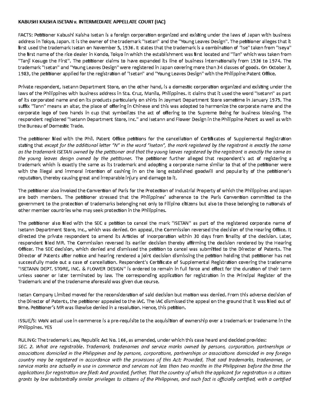 Kabushi Kaisha Isetan v IAC - KABUSHI KAISHA ISETAN v. INTERMEDIATE ...