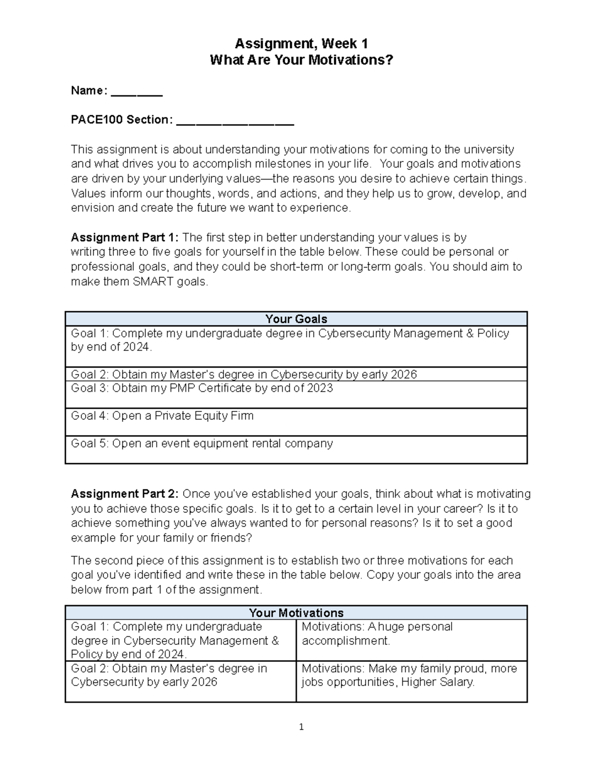 PACE 100 Assignment 1 - Assignment, Week 1 What Are Your Motivations? Name: ________ PACE100 ...
