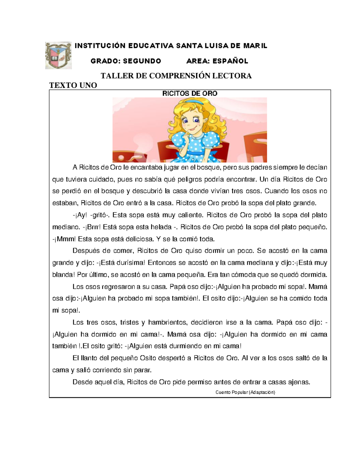 2o comprension lectora segundo 2 - INSTITUCI”N EDUCATIVA SANTA LUISA DE ...