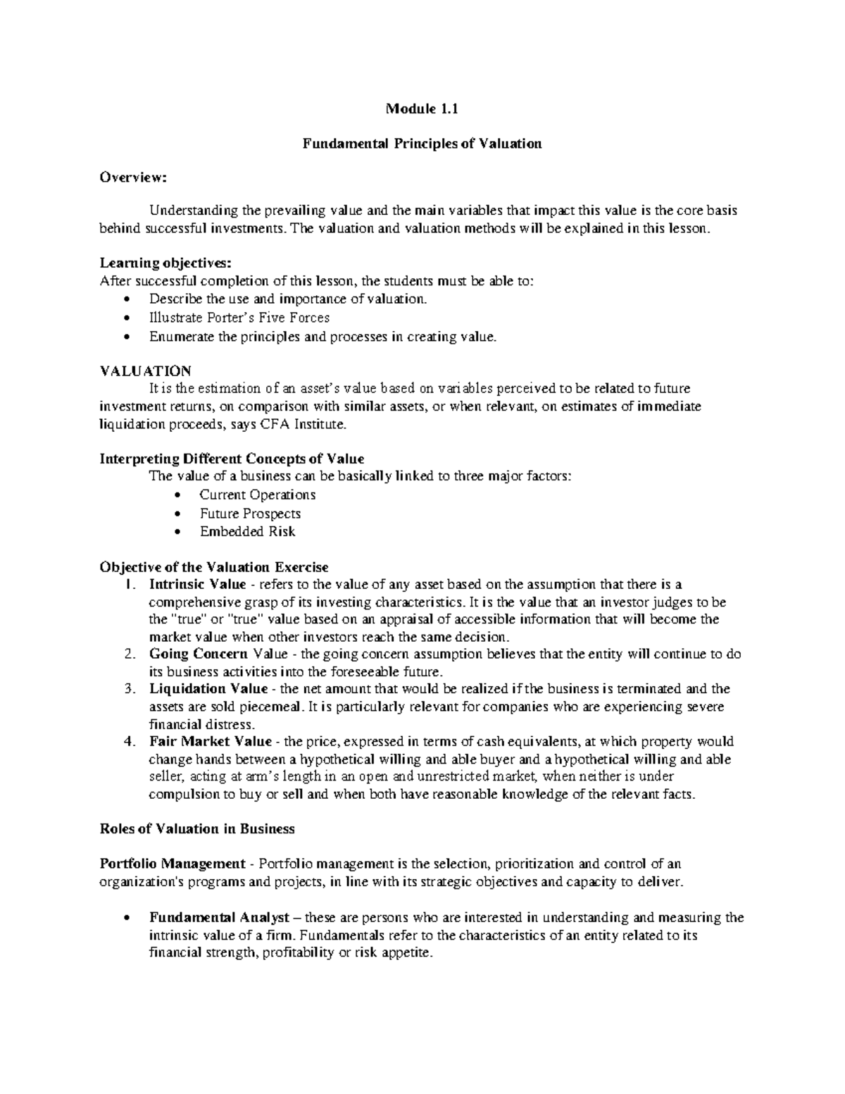 Fundamental Principles of Valuation Summary - Instructor: Ms. Rean ...