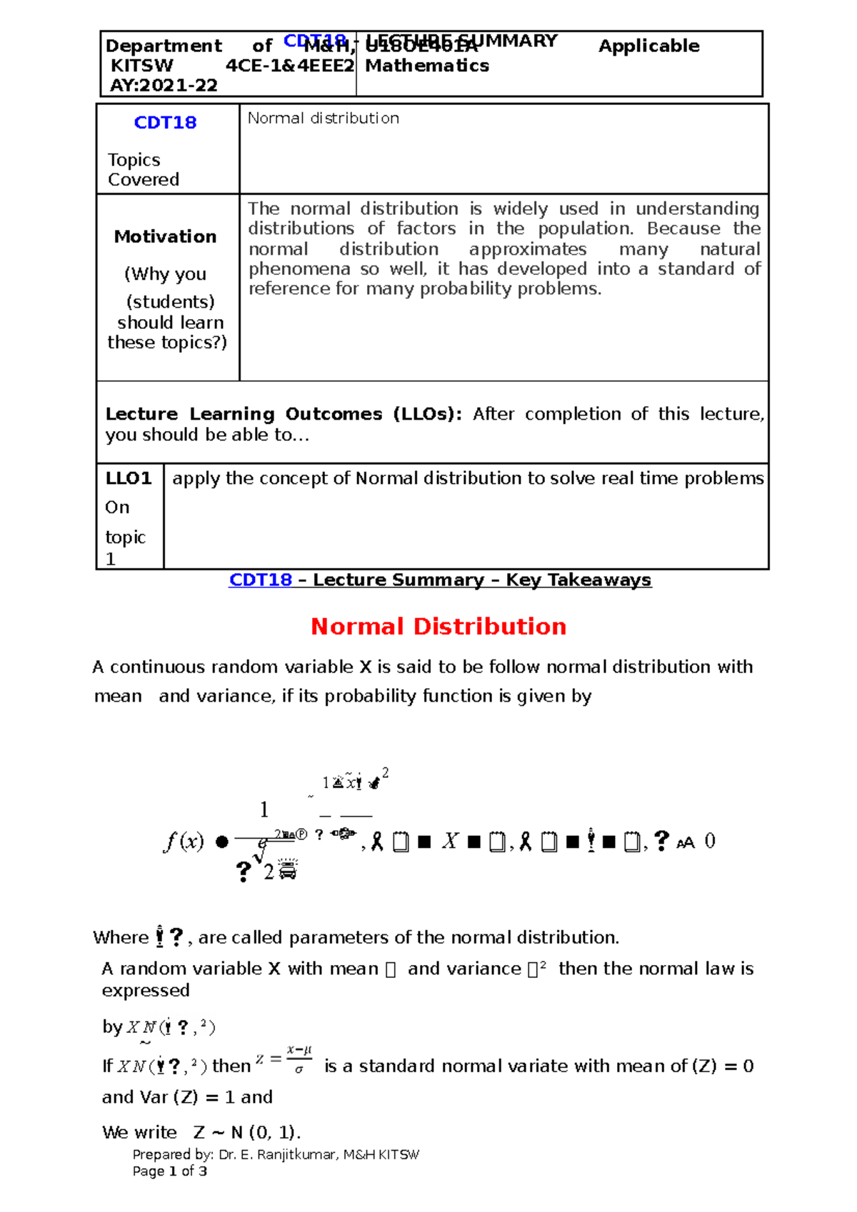 CDT18Normal - Vczvb - CDT18 - LECTURE SUMMARY CDT Topics Covered Normal ...