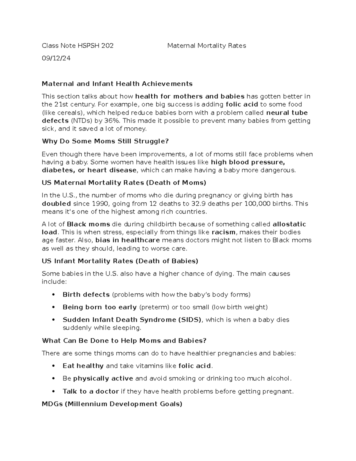 Maternal AND Infant Health - Class Note HSPSH 202 Maternal Mortality ...