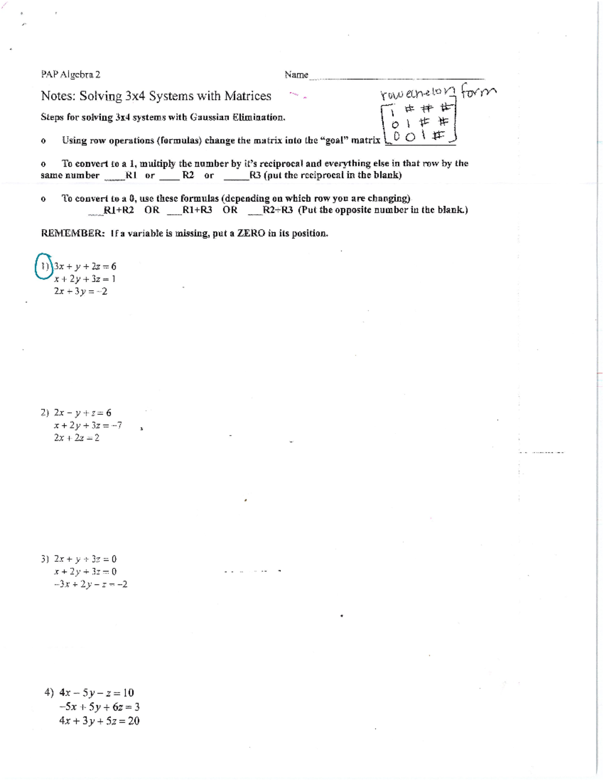 Blank & Completed Notes: 3x4 Gaussian Elimination - PAP Algebra 2 Name ...